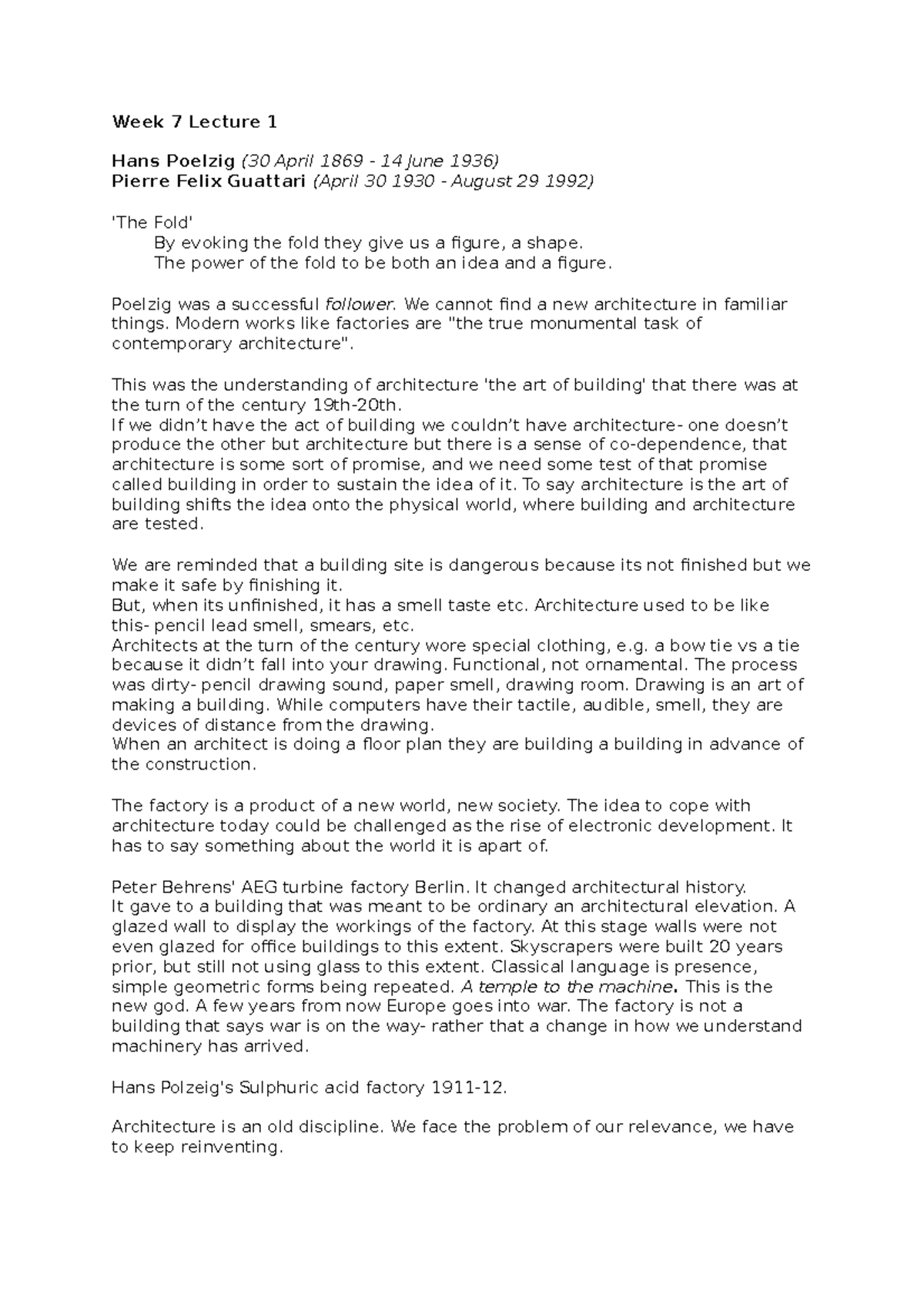 Week 7 Lecture 1 ARCI251 - Week 7 Lecture 1 Hans Poelzig (30 April 1869 - 14 June 1936) Pierre ...