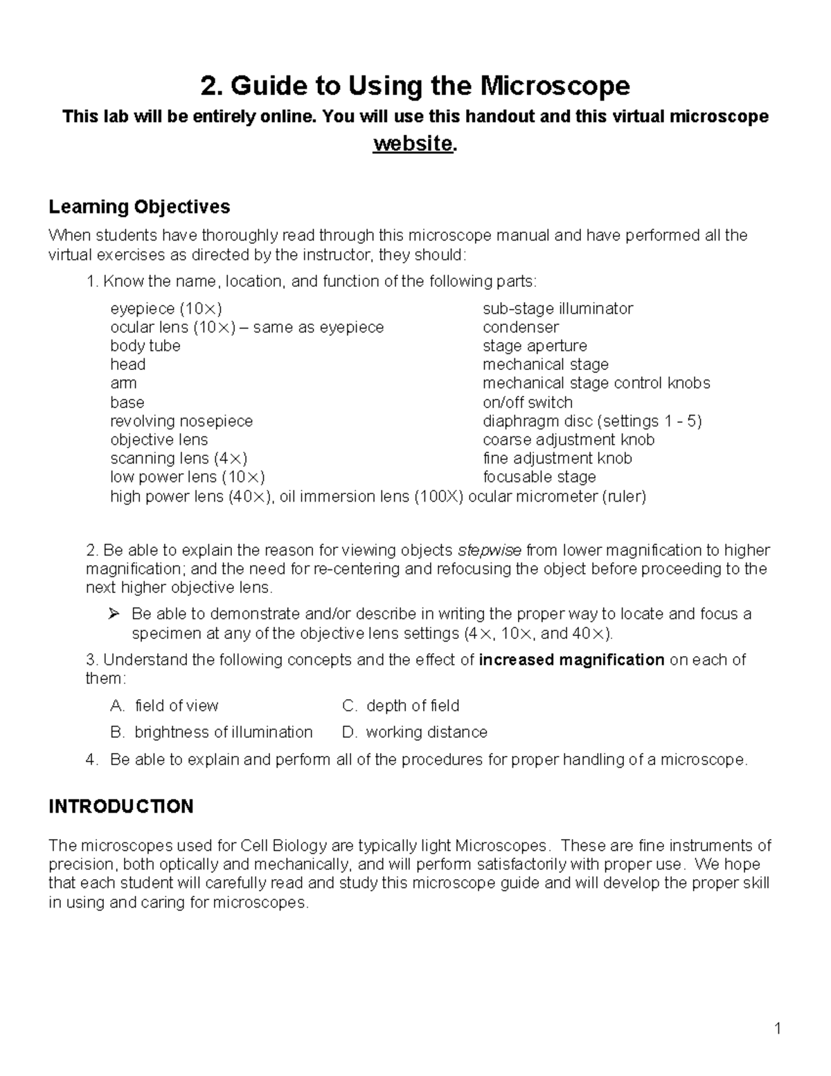 OL Biol 127 Lab 2 Microscopy ACrv2 - 2. Guide to Using the Microscope ####### This lab will be ...