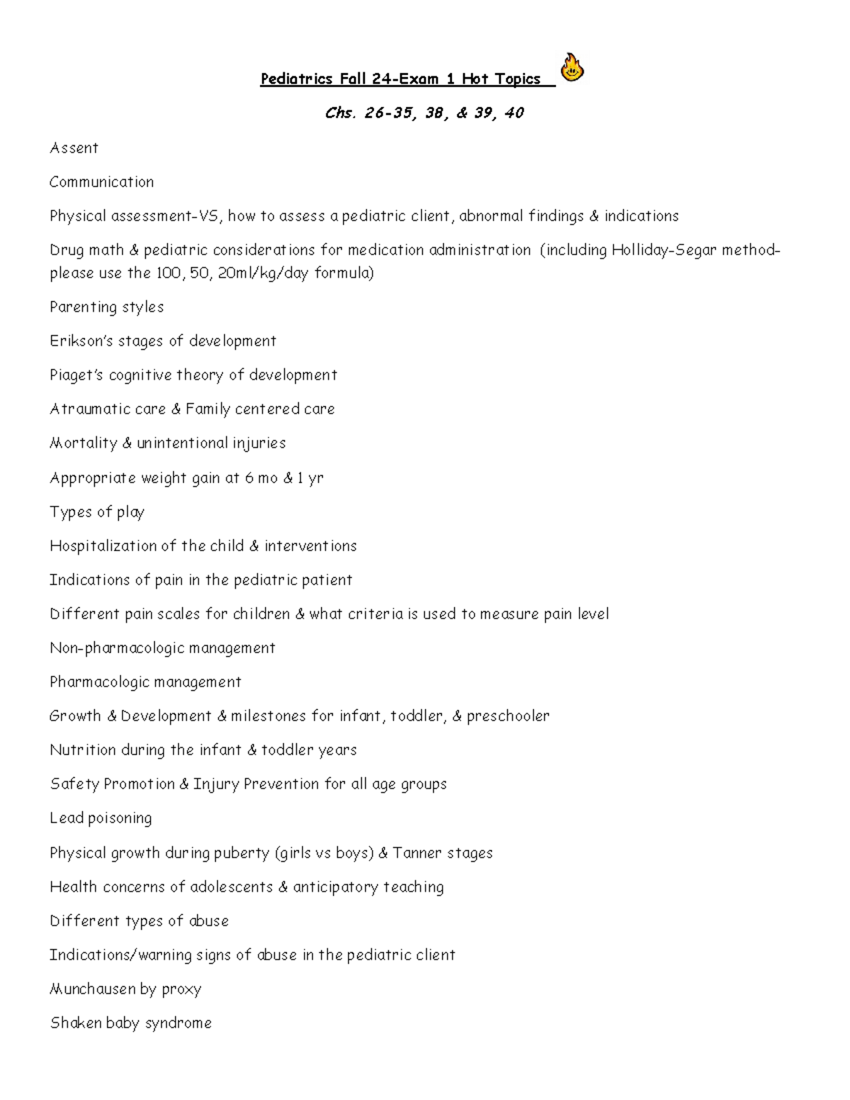 PEDS EXAM 1hot topics - stuff - Pediatrics Fall 24-Exam 1 Hot Topics ...