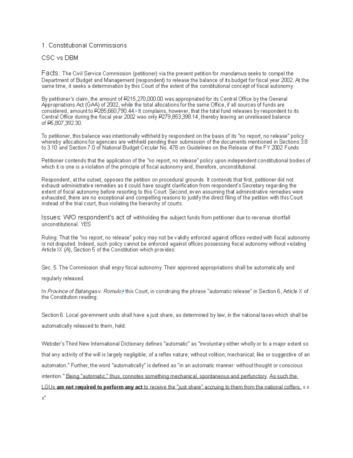 Case Digests - useful. - 1. Constitutional Commissions CSC vs DBM Facts ...