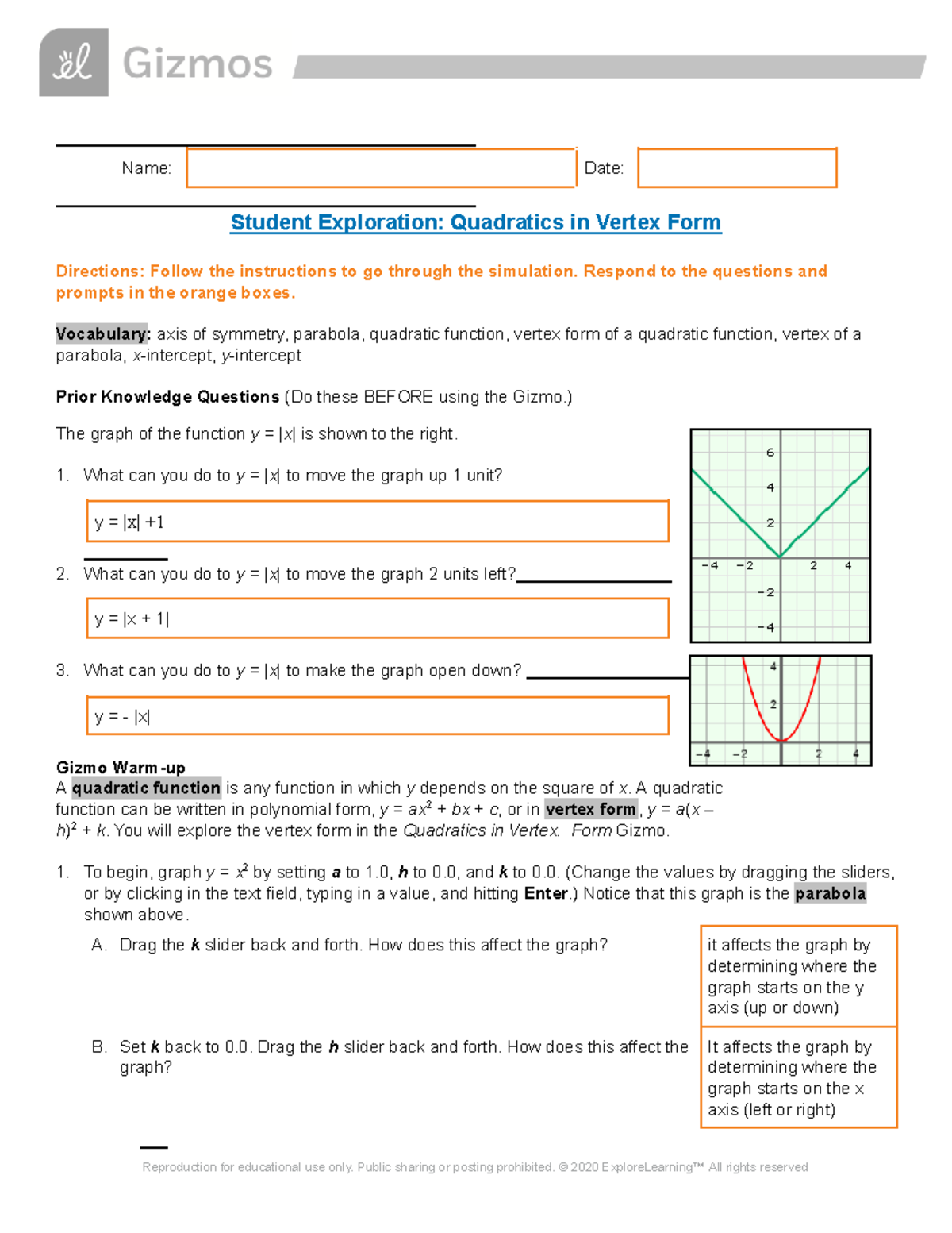 Quadratic Vertex Form SE - Name: Date: Student Exploration: Quadratics ...