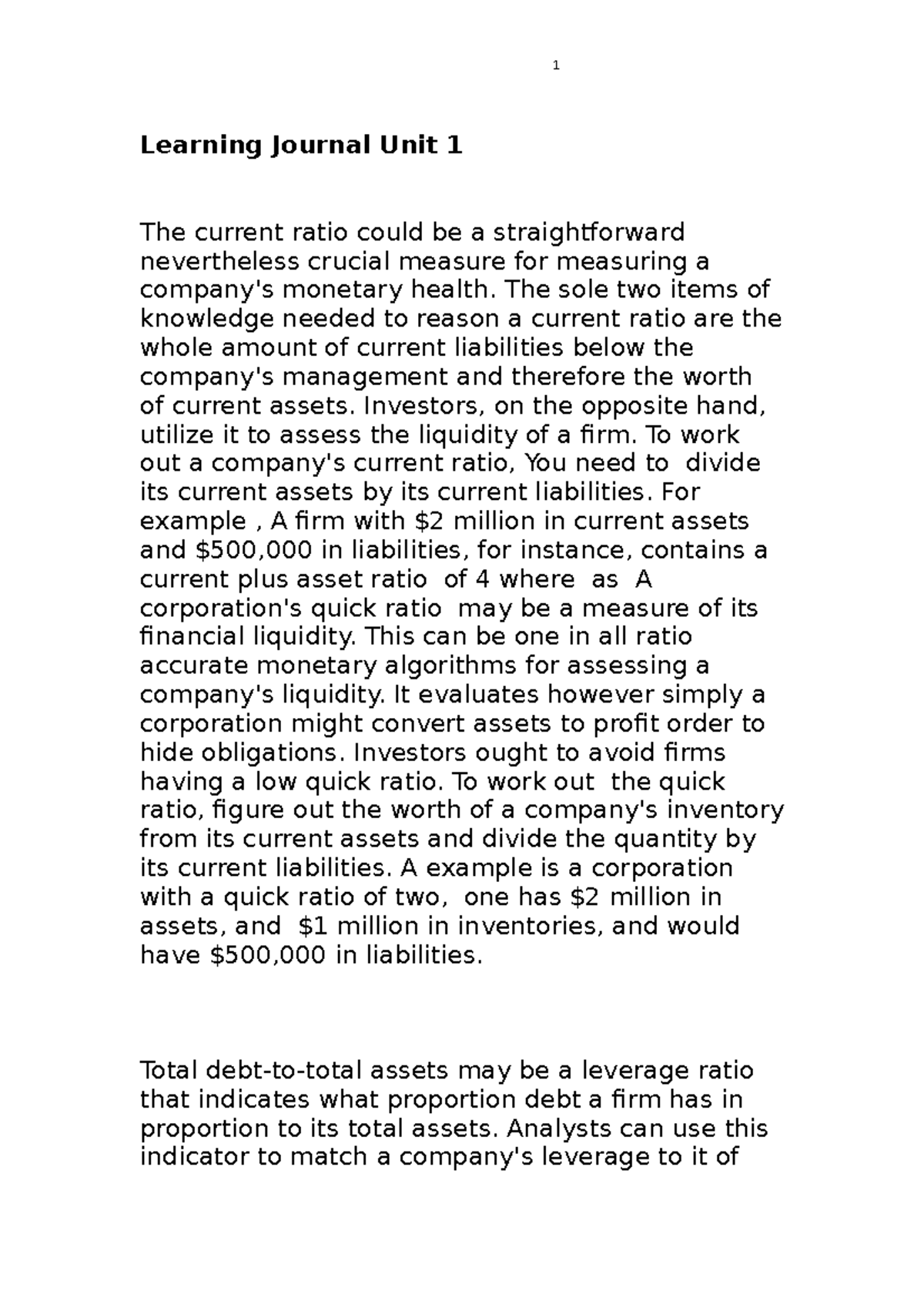 BUSS 4404 learning Journal Unit 1 - Learning Journal Unit 1 The current ratio could be a - Studocu