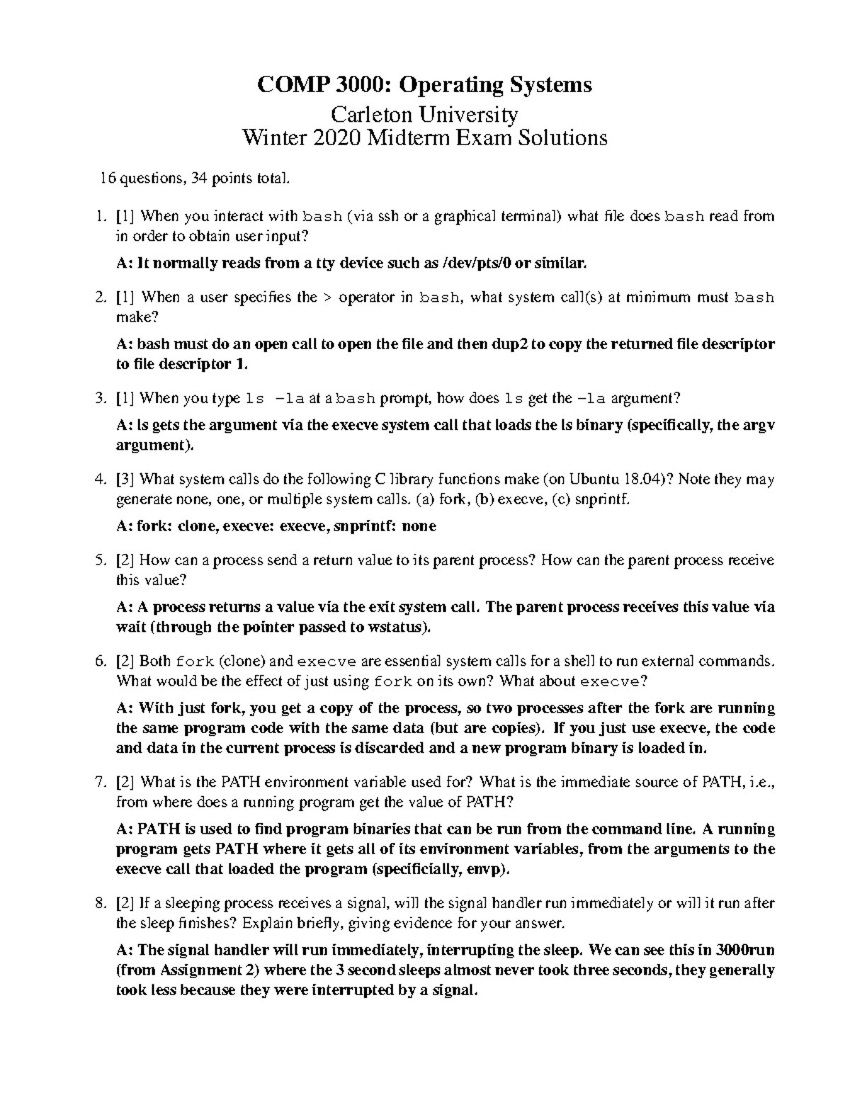 Comp3000 midterm 2020w sol - COMP 3000: Operating Systems Carleton University Winter 2020 ...