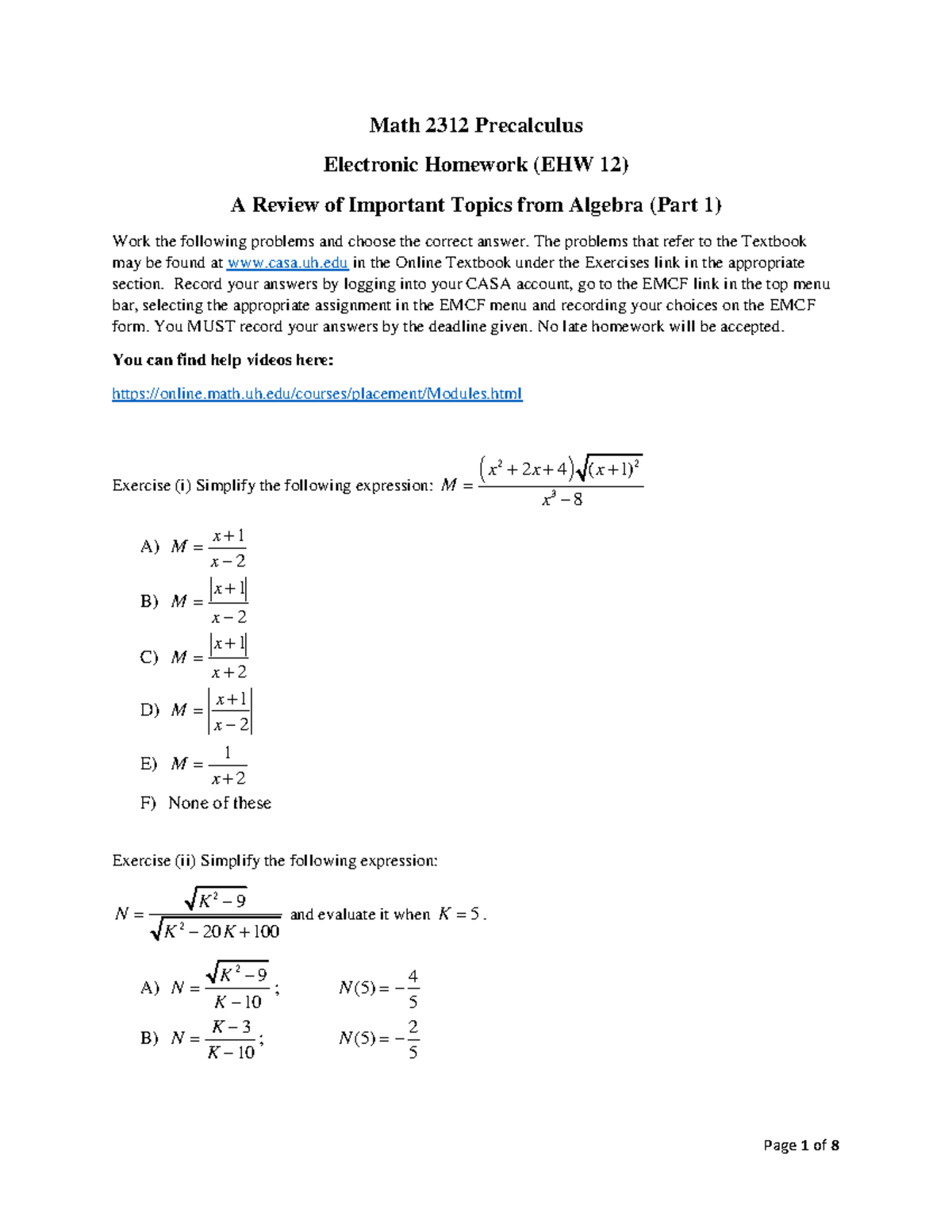 2312 ehw12 sp - ####### Math 2312 Precalculus ####### Electronic ...