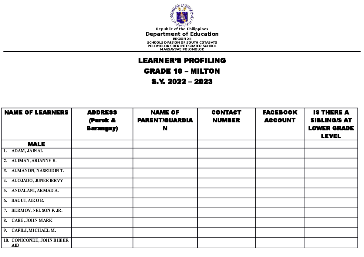 Learners Profiling - wsssss - Republic of the Philippines Department of ...