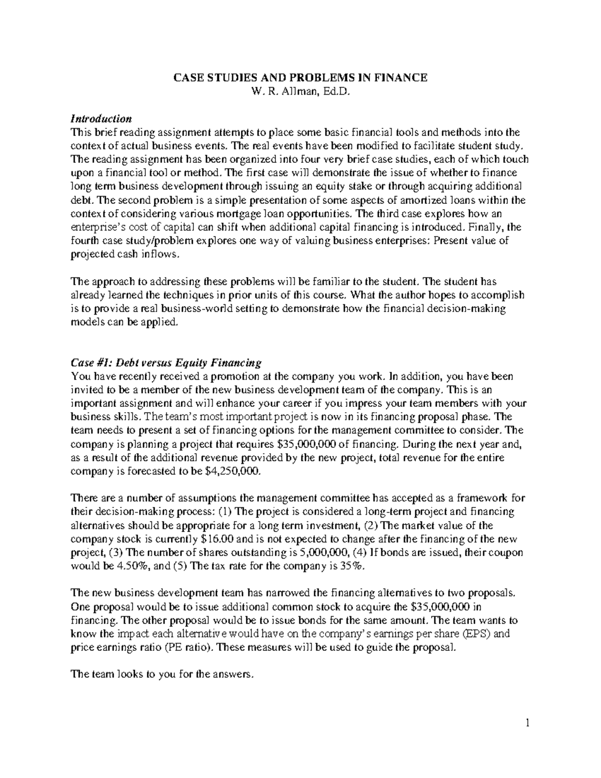 Finance Case Studies textbook link 7 - CASE STUDIES AND PROBLEMS IN ...