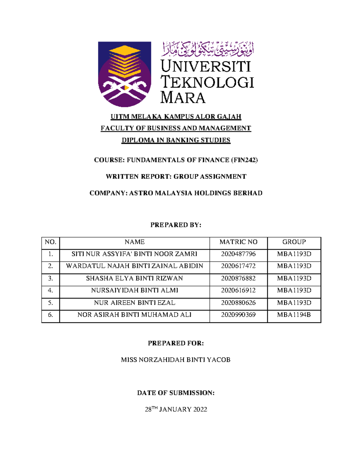 FIN242 Group Assignment ( Written Report) - UITM MELAKA KAMPUS ALOR ...
