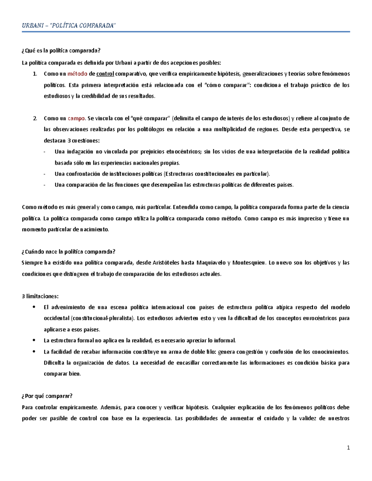 1. Urbani U1 - Resumen - URBANI – “POLÍTICA COMPARADA” ¿Qué es la ...