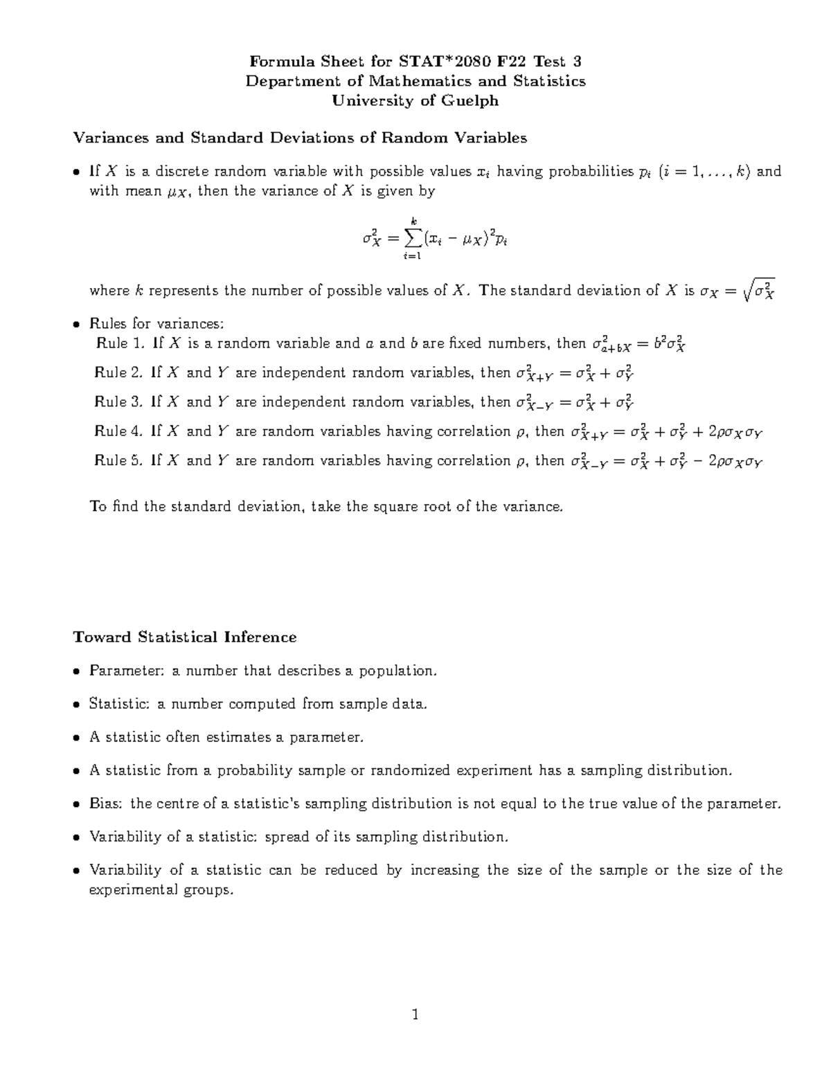 STAT2080 formula sheet 3 F22 new - Formula Sheet for STAT*2080 F22 Test ...
