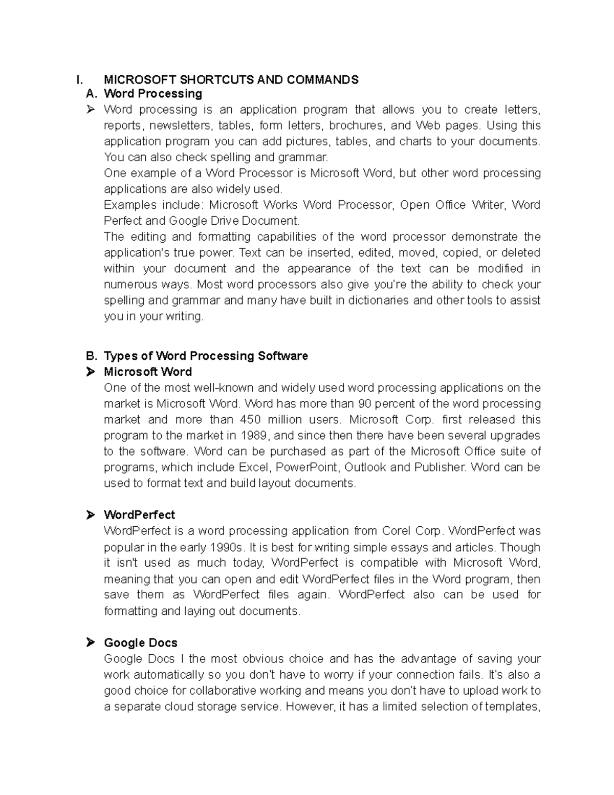 COMP1 HO 0927 - I. MICROSOFT SHORTCUTS AND COMMANDS A. Word Processing ...