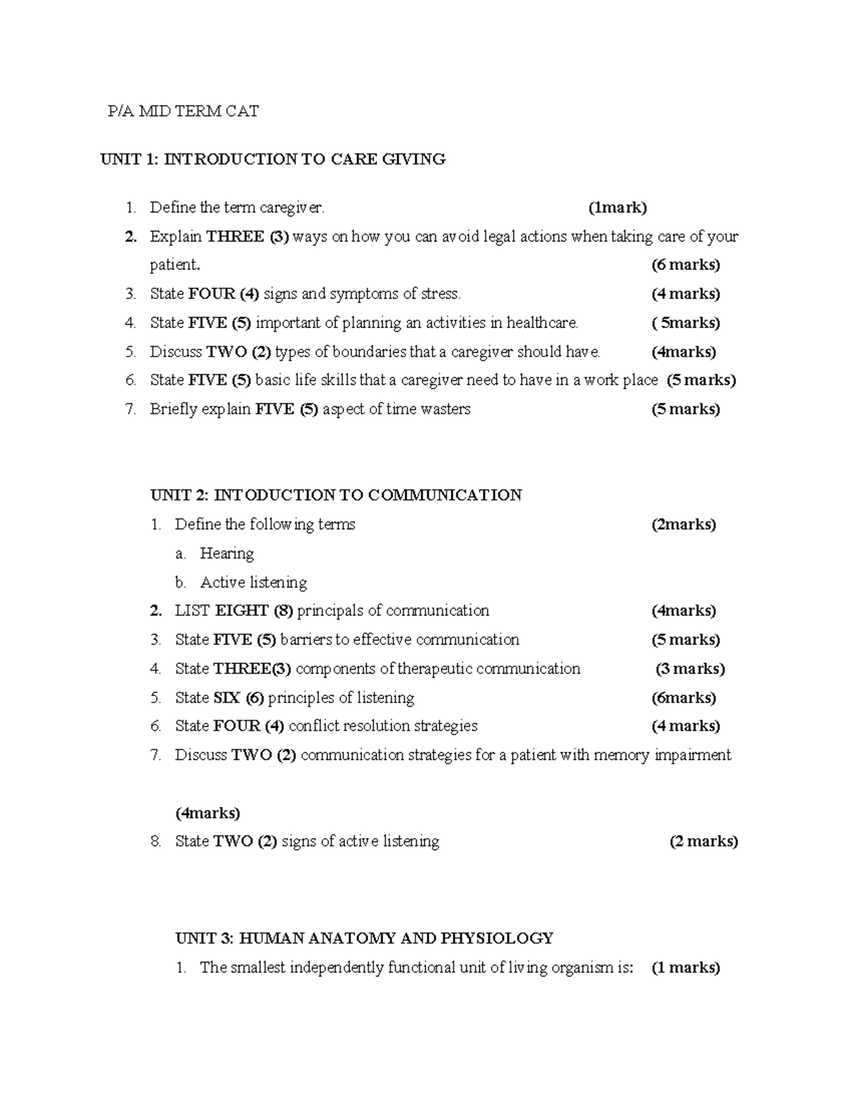 Patient Assistance MID TERM CAT - P/A MID TERM CAT UNIT 1: INTRODUCTION ...