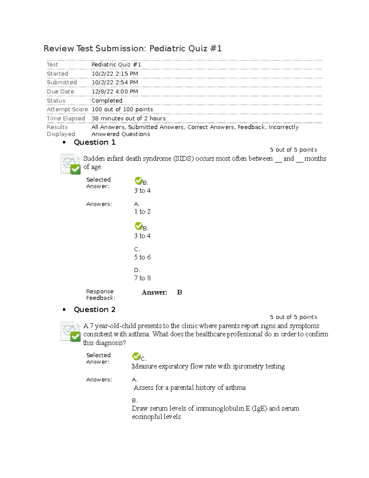 Pediatric Quiz #1 - Quiz - Review Test Submission: Pediatric Quiz Test ...