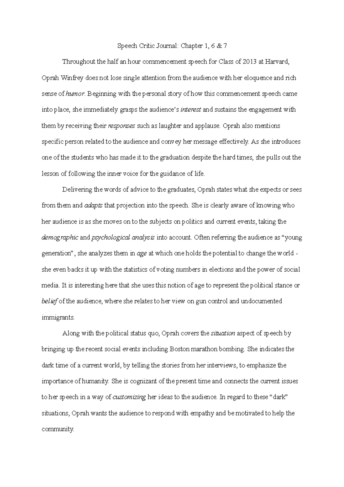 Speech Critic Journal - Ch 1,6,7 - Speech Critic Journal: Chapter 1, 6 ...