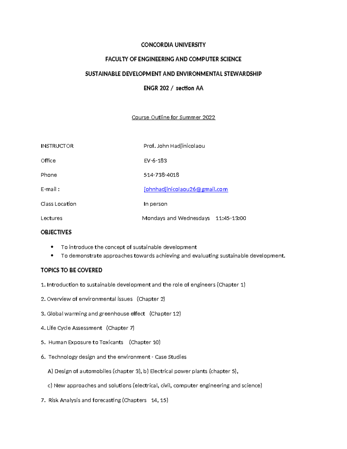 ENGR 202 Course Outline - CONCORDIA UNIVERSITY FACULTY OF ENGINEERING AND COMPUTER SCIENCE - Studocu