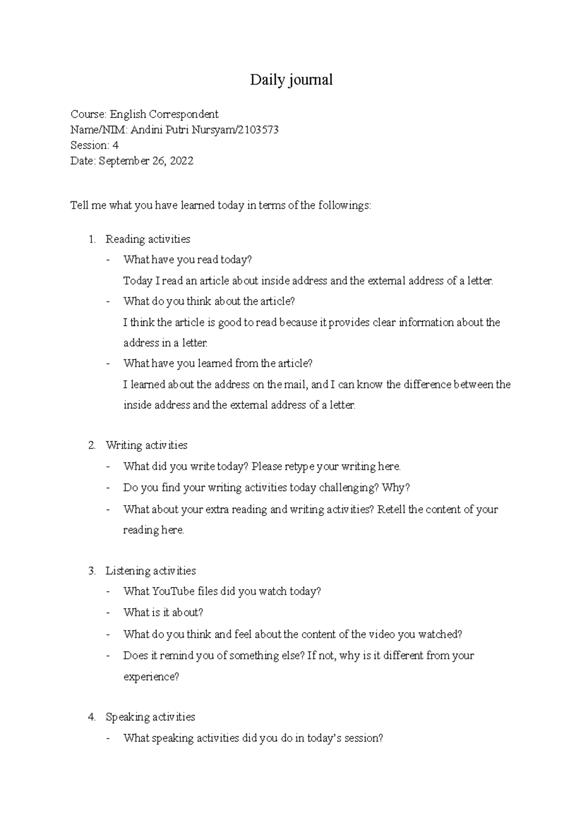 Daily journal at English Course to reflect student's understanding ...