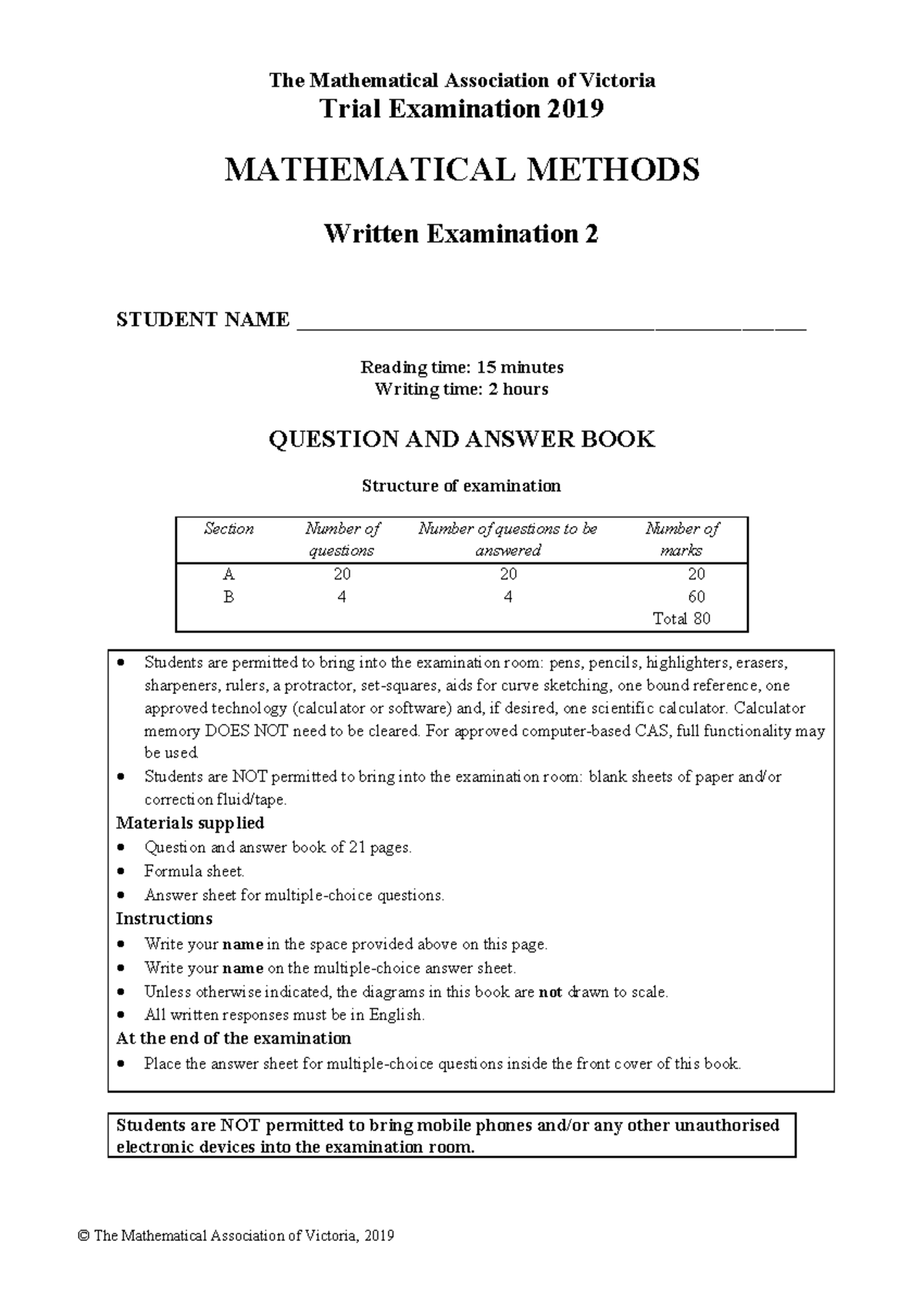 2019 MAV Maths Methods Trial Exam 2 - The Mathematical Association of ...