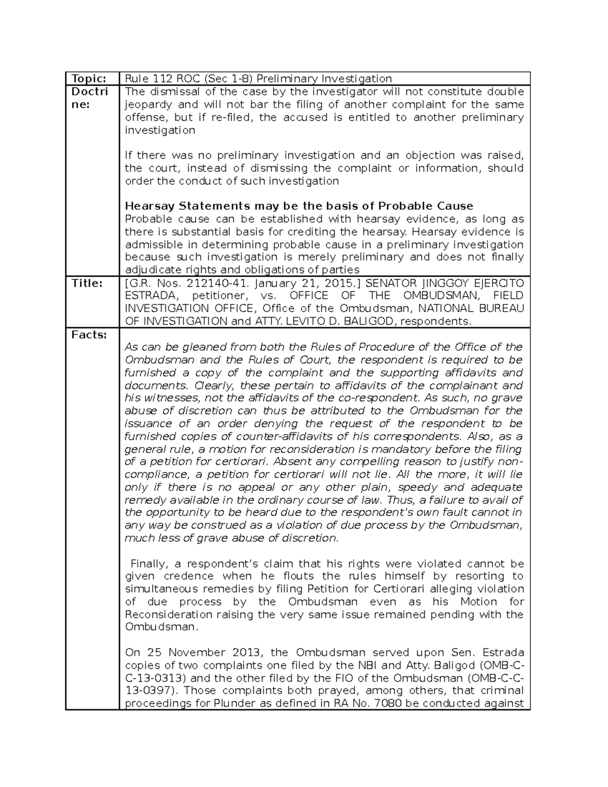 Estrada v. Ombudsman - Topic: Rule 112 ROC (Sec 1-8) Preliminary ...
