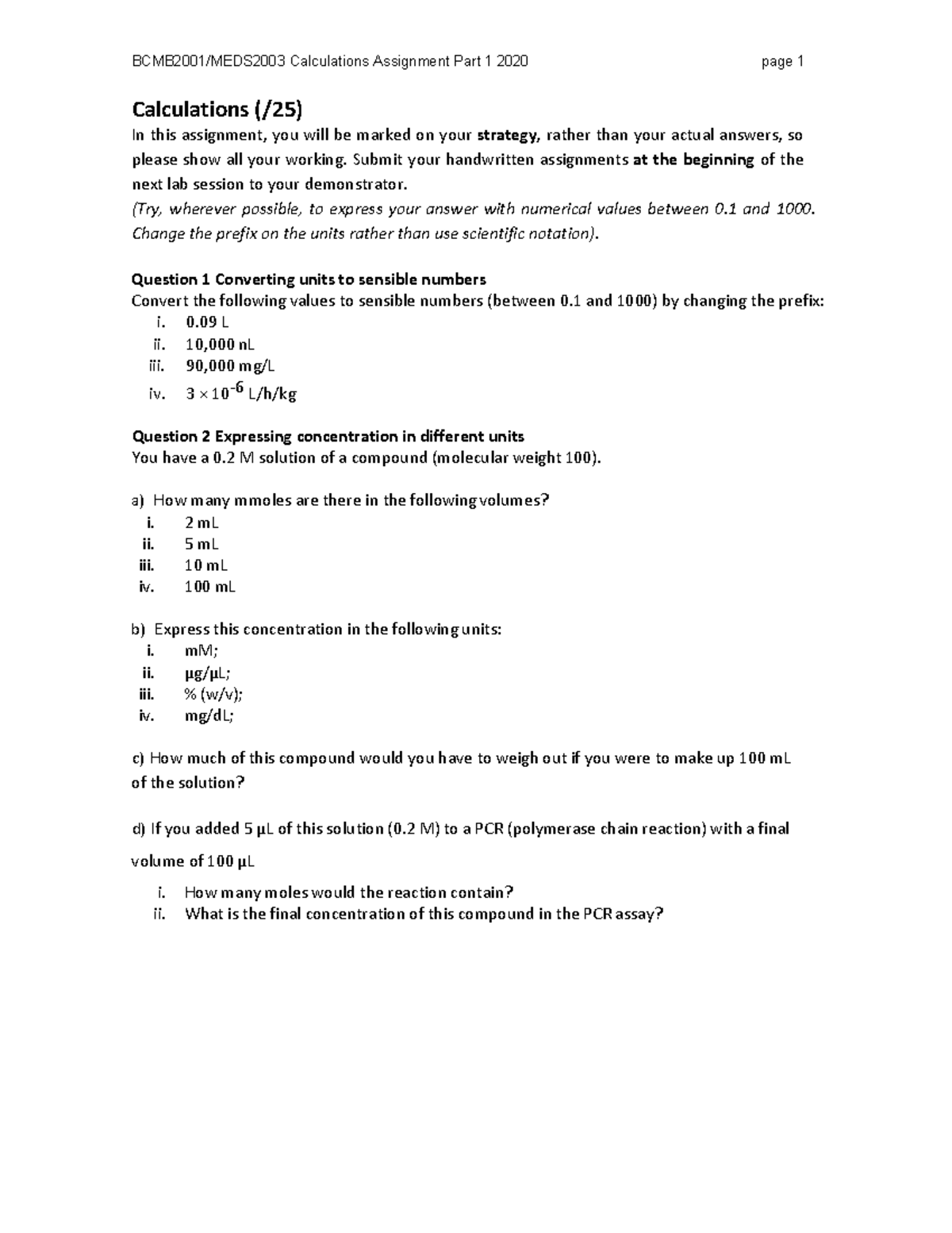 Calculations Assignment Part1 2020 - Submit your handwritten ...