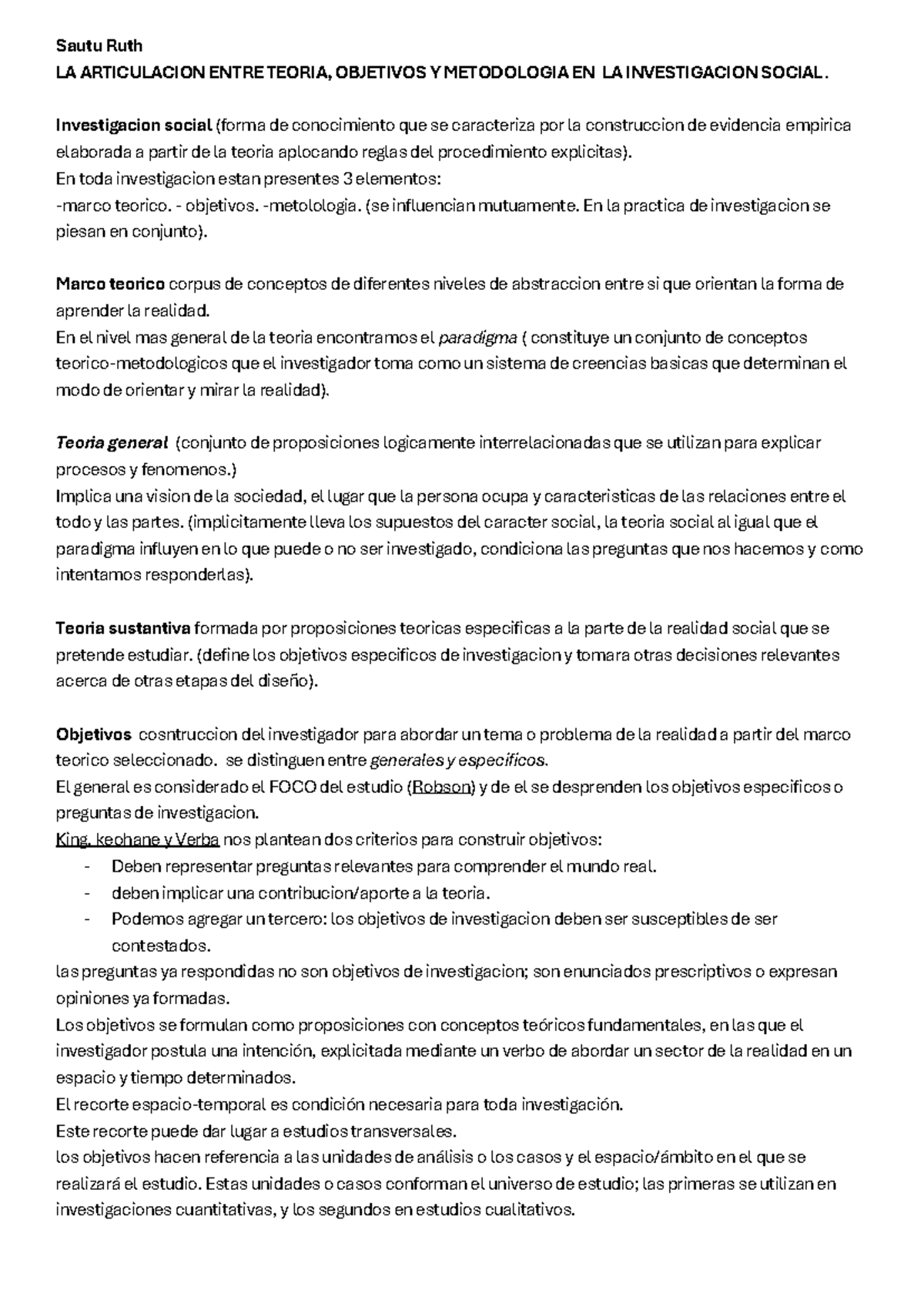 Sautu resumen - Sautu Ruth LA ARTICULACION ENTRE TEORIA, OBJETIVOS Y ...