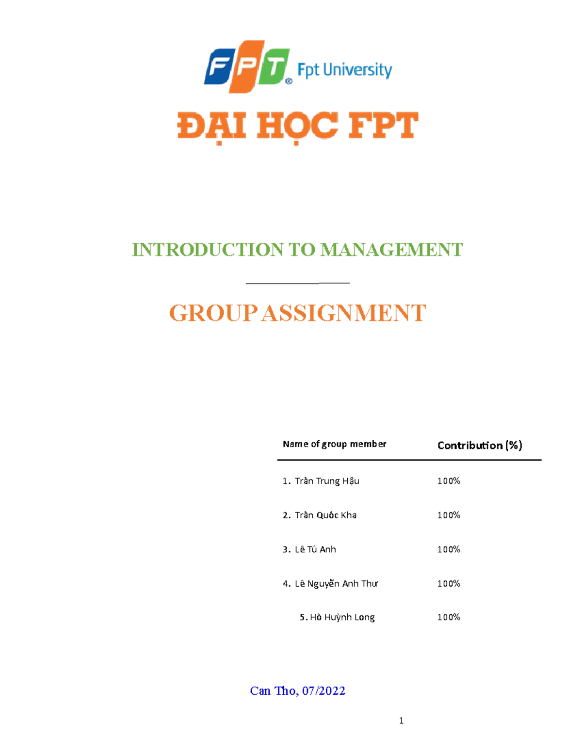 Gr1- Group Assignment-MGT-Final - INTRODUCTION TO MANAGEMENT GROUP ASSIGNMENT Name of group ...