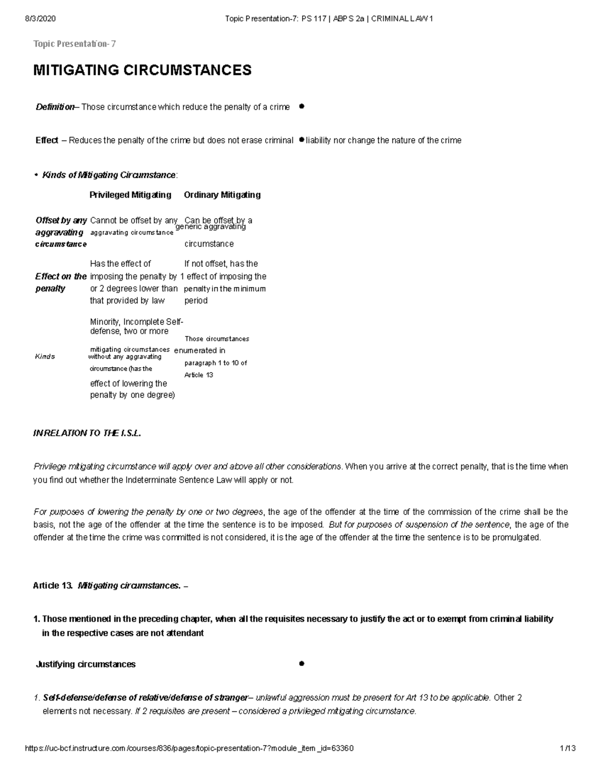 Criminal Law 1 Finals Reviewer - Topic Presentation- MITIGATING ...