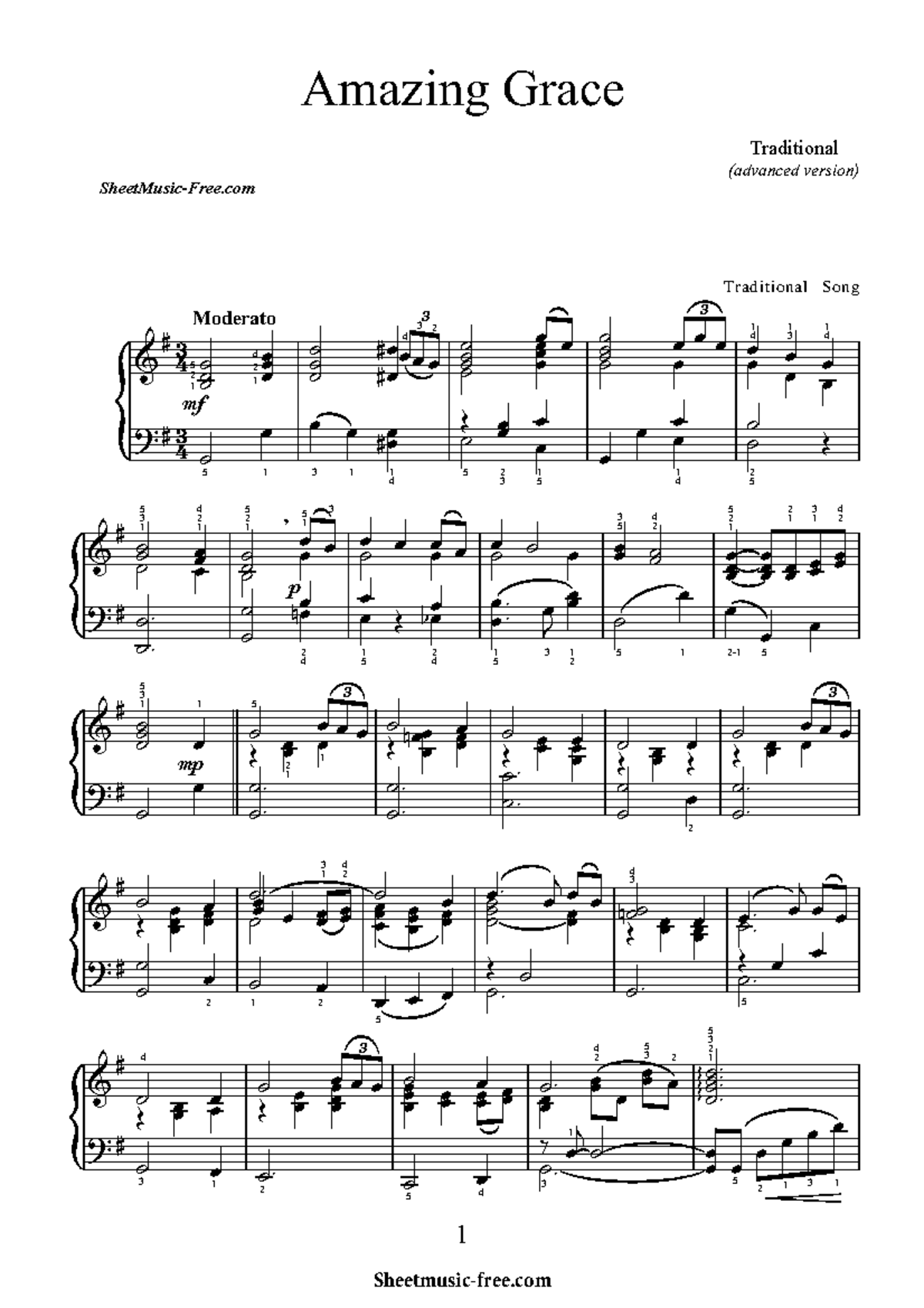 Amazing Grace Sheet Music Piano(Sheet Music Free - 3 4 3 4 Moderato ...