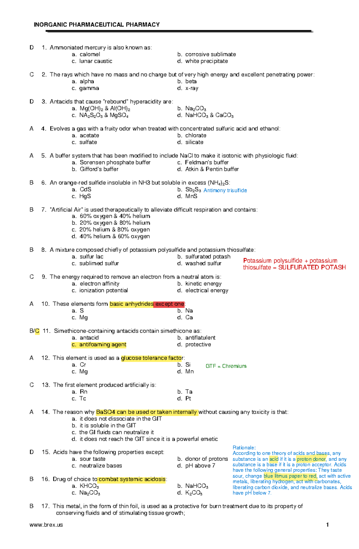 Inorganic Chemistry - Pharmacy Practice Questions - D 1. Ammoniated ...