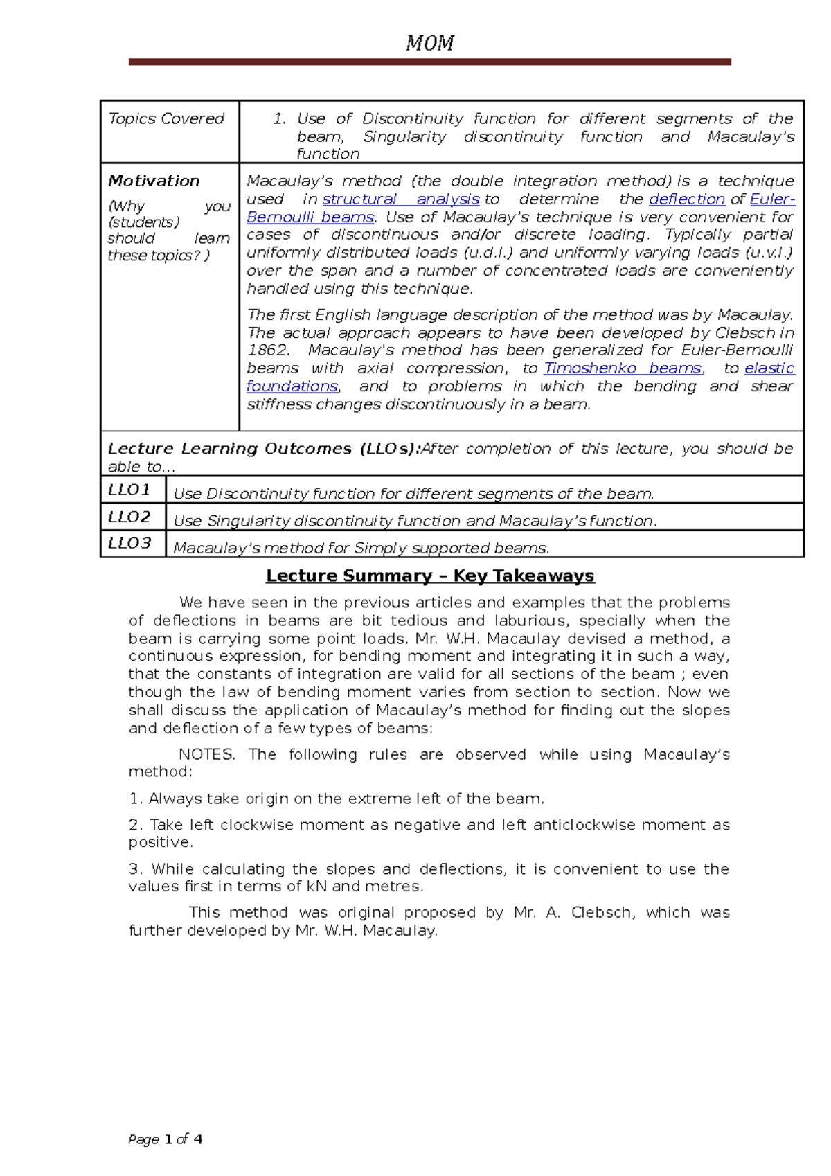 Singularity discontinuity function and Macaulay’s function - Topics Covered 1. Use of ...