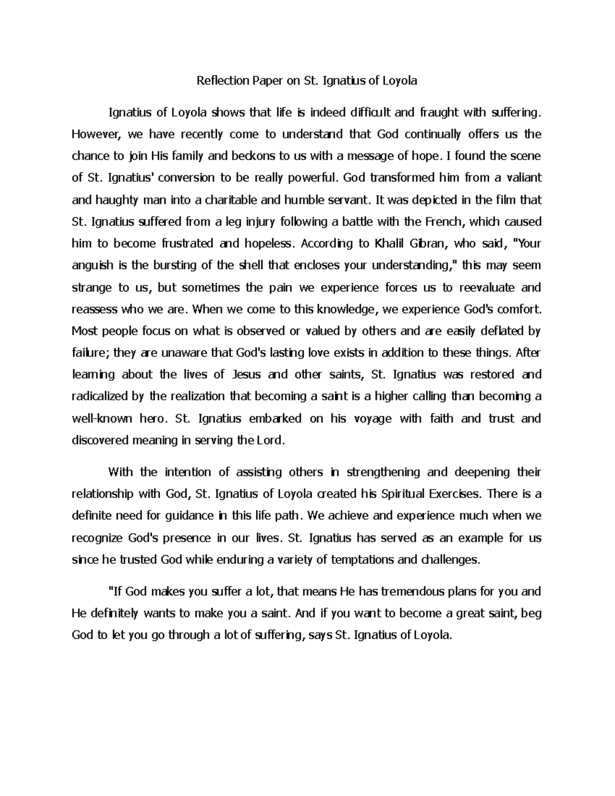 Reflection paper on St. Ignatius of Loyola - Reflection Paper on St ...