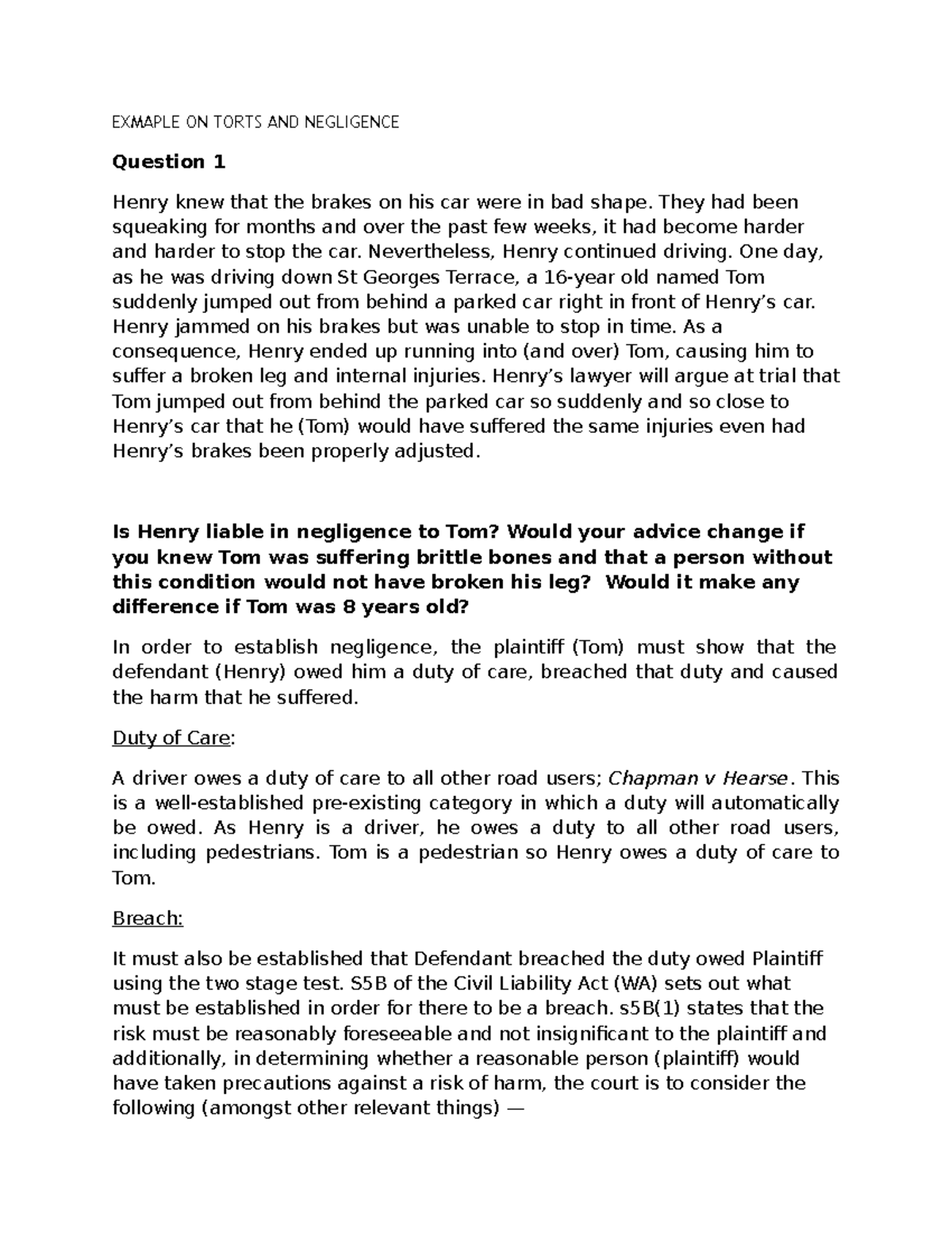 Laws negligence exam revision - EXMAPLE ON TORTS AND NEGLIGENCE ...