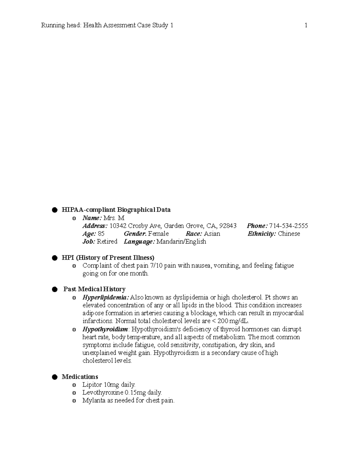 Assignements - Health Assessment - Running head: Health Assessment Case ...