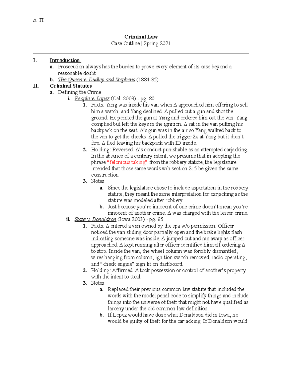 Case Outline - Criminal Law - Criminal Law Case Outline | Spring 2021 I ...