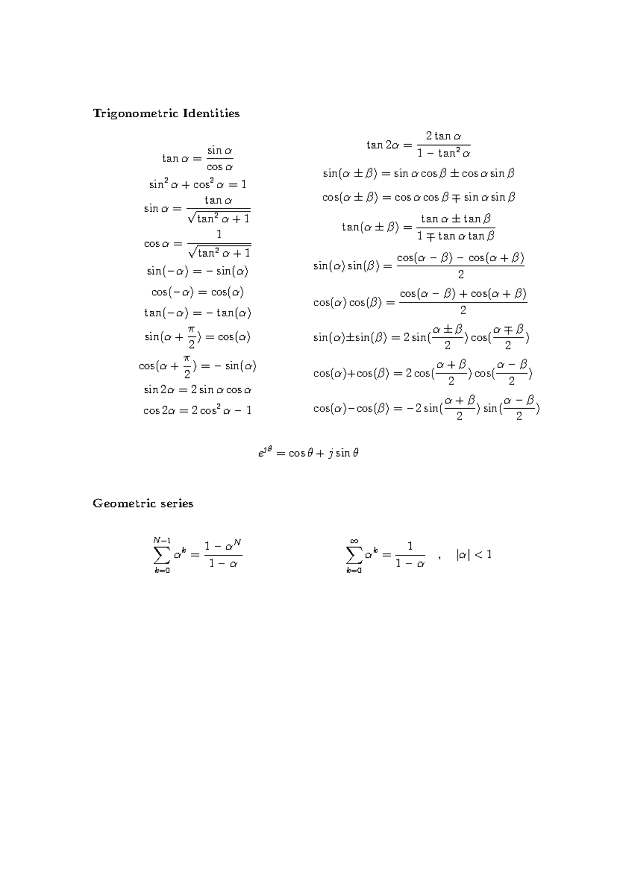 Lookup Tables - Trigonometric Identities tan α = sin α cos α sin 2 α ...