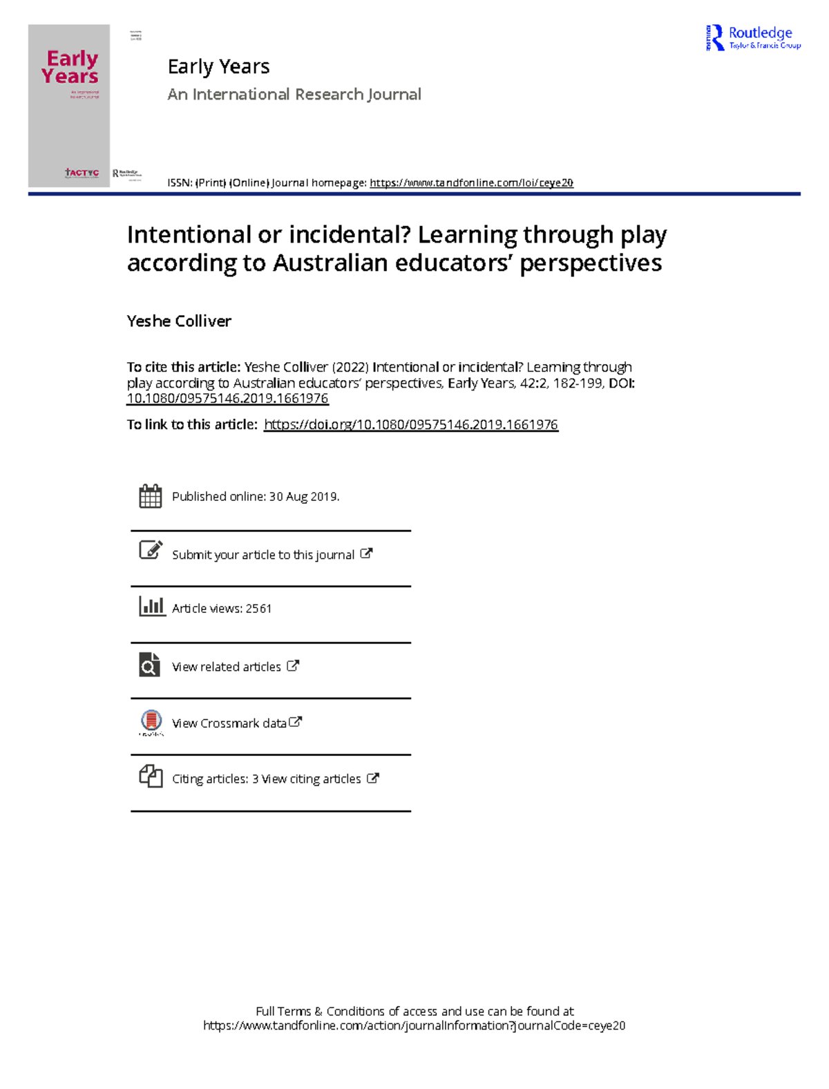 Intentional or incidental Learning through play according to Australian educators perspectives ...