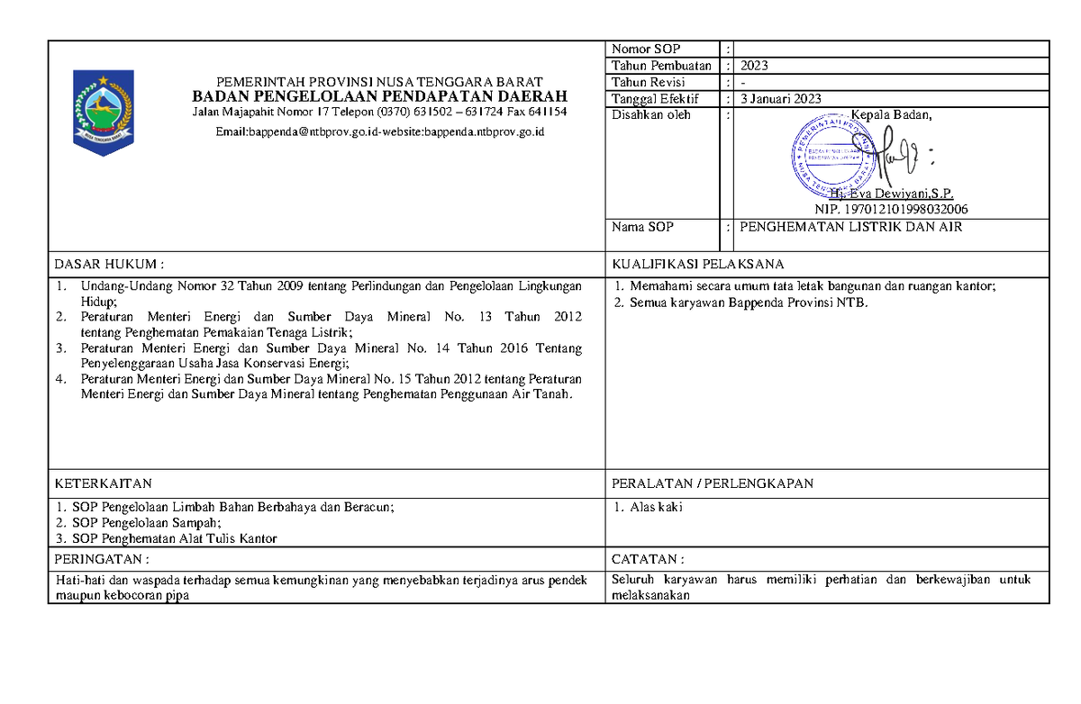 SOP Penghematan Listrik - Nomor SOP : Tahun Pembuatan : 2023 PEMERINTAH ...