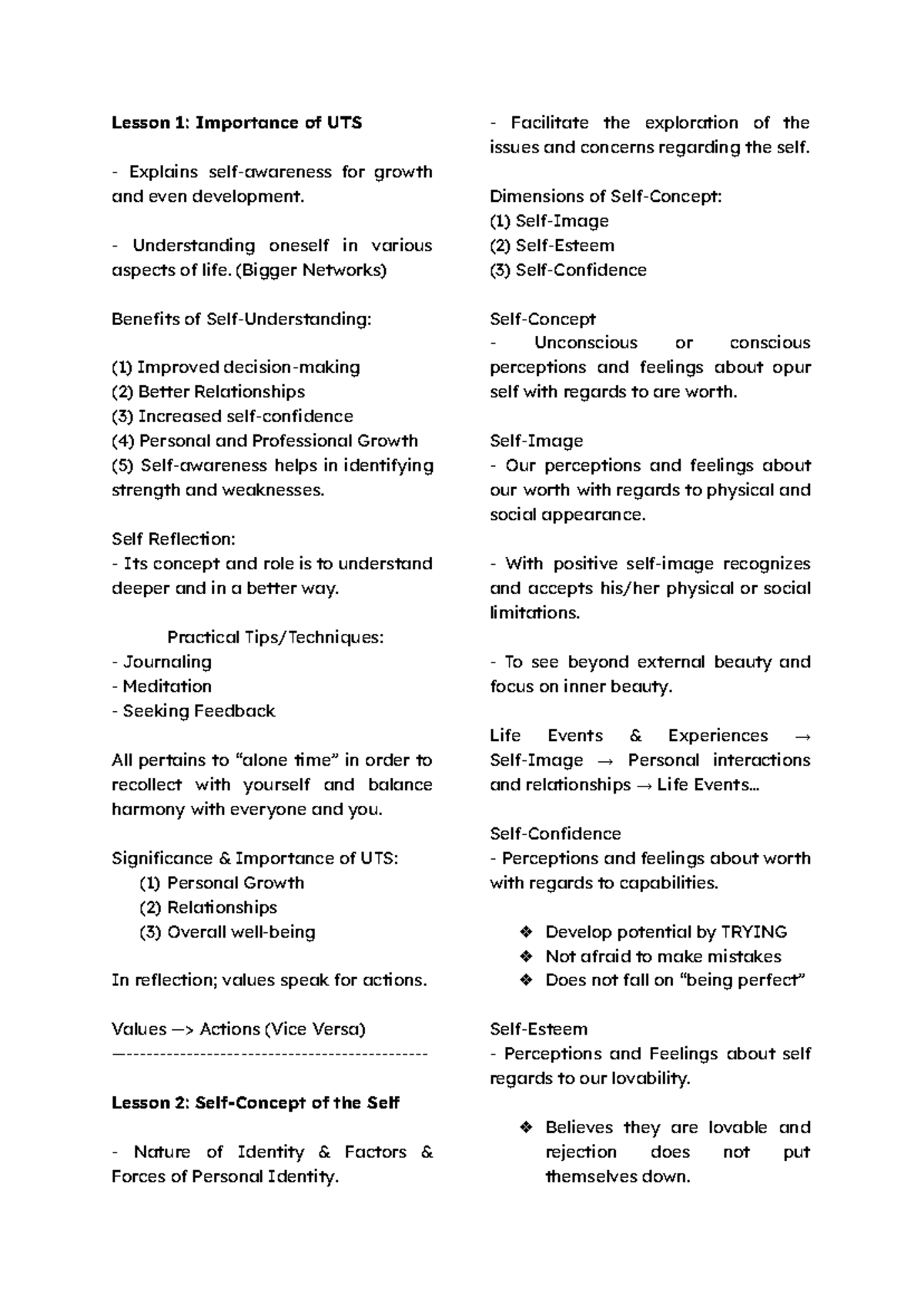 UTS Minor Notes - Lesson 1: Importance of UTS Explains self-awareness ...
