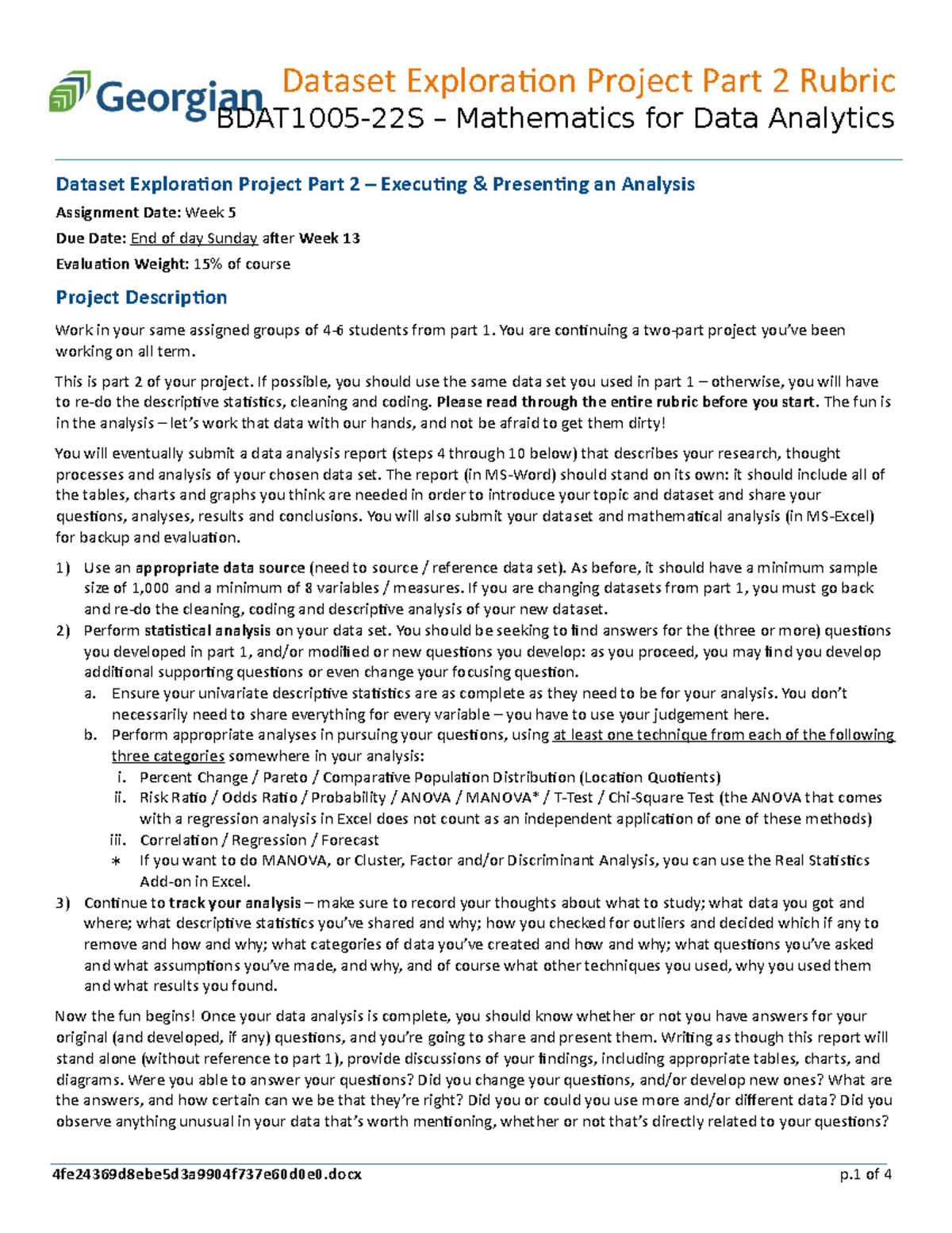 Dataset Exploration Pt 2 Rubric BDAT1005-22S - BDAT1005-22S ...