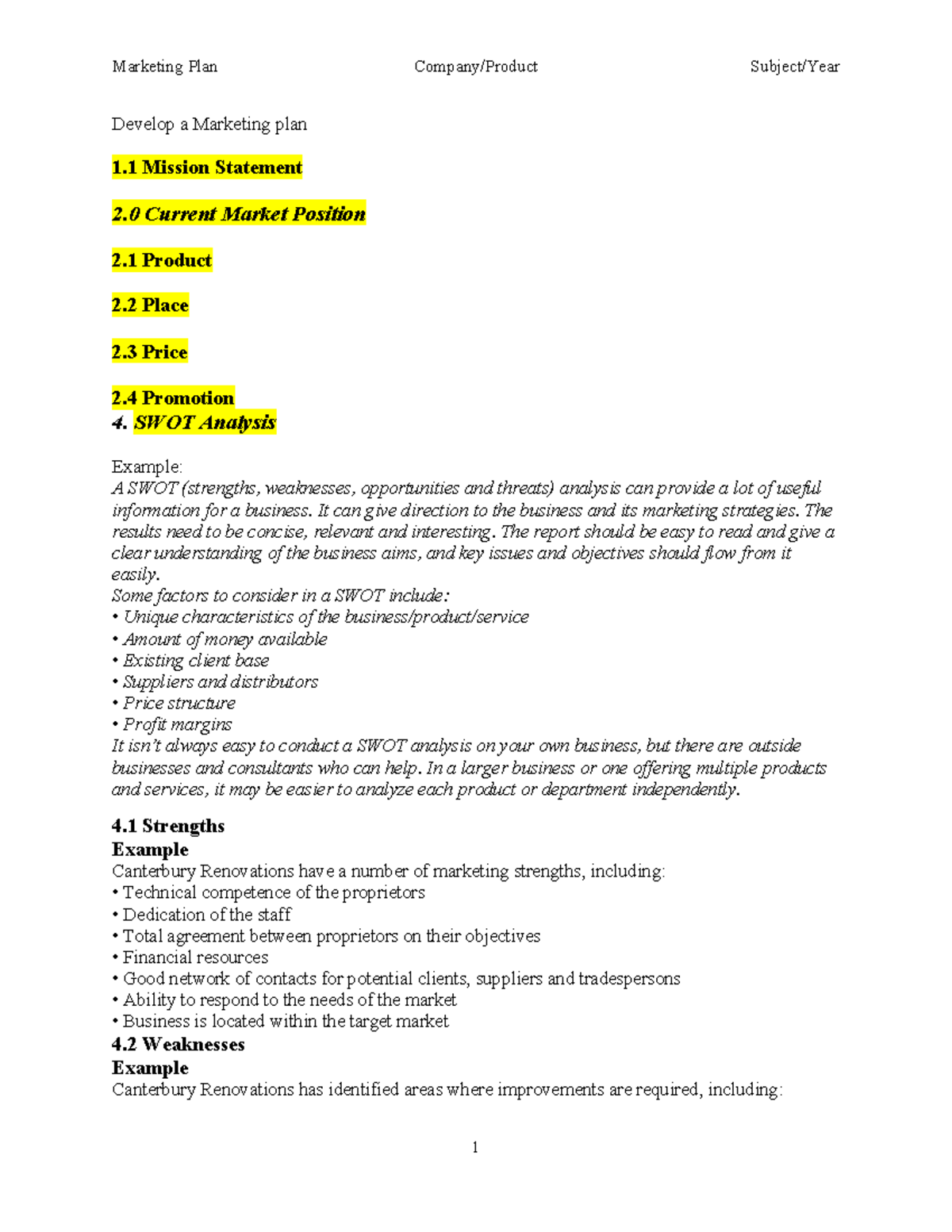 Marketing Plan Tutorial - Marketing Plan Company/Product Subject/Year ...