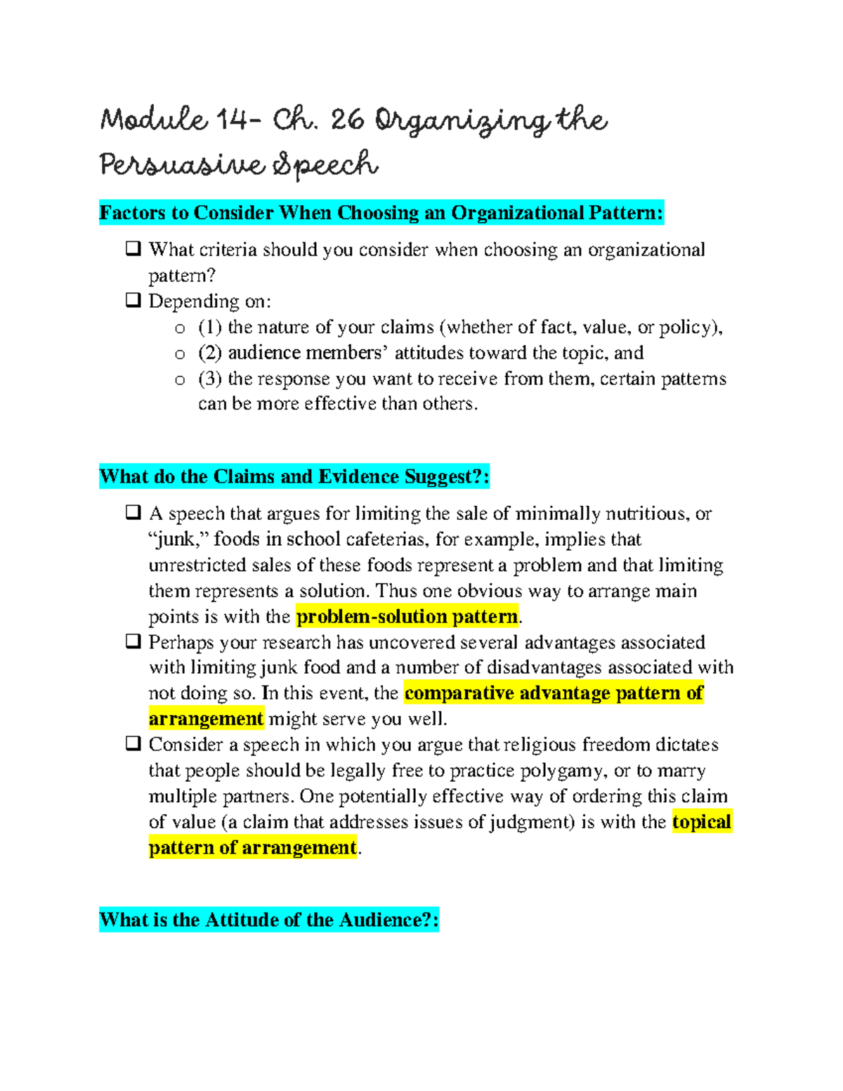Public Speaking Notes 18 - Module 14- Ch. 26 Organizing the Persuasive ...