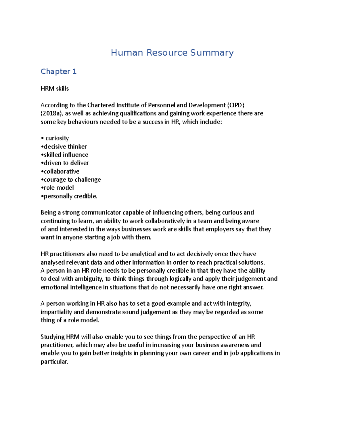Human Resource Summary - Human Resource Summary Chapter 1 HRM skills ...