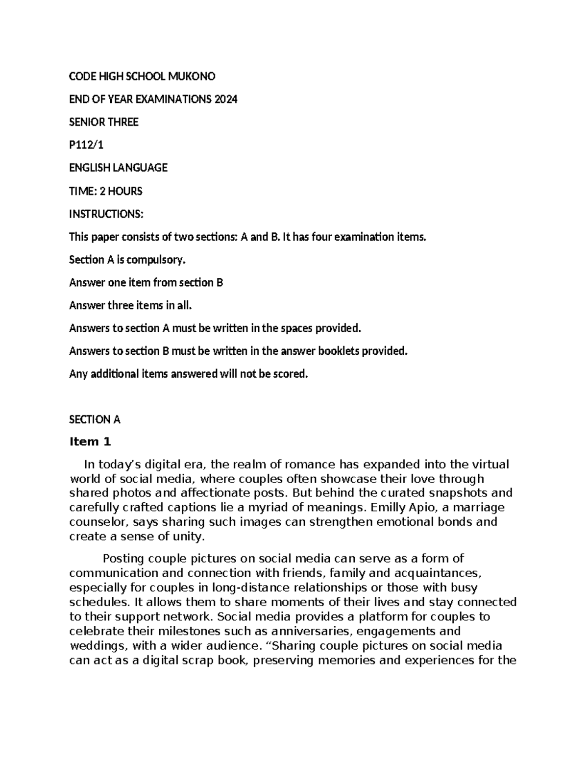 S3 English EOY - Alluminai - CODE HIGH SCHOOL MUKONO END OF YEAR ...