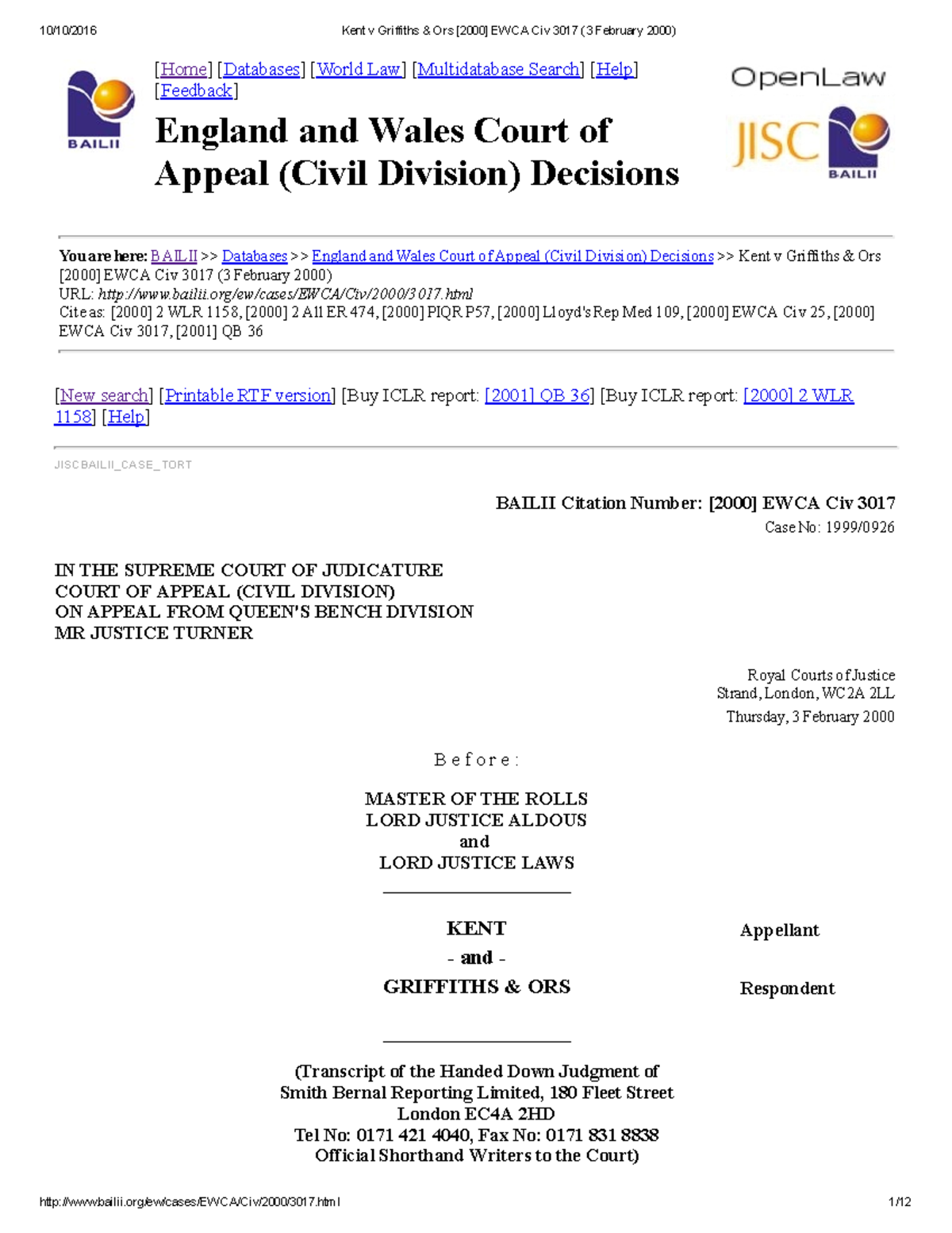 Kent v Griffiths Ors [2000 ] EWCA Civ 3017 (3 February 2000 ) - Law of ...