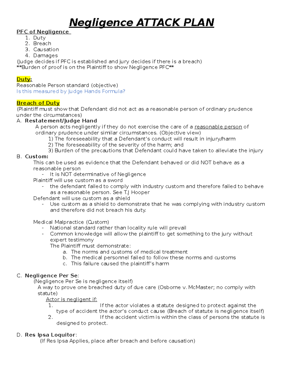 Negligence Attack PLAN - Negligence ATTACK PLAN PFC of Negligence 1 ...