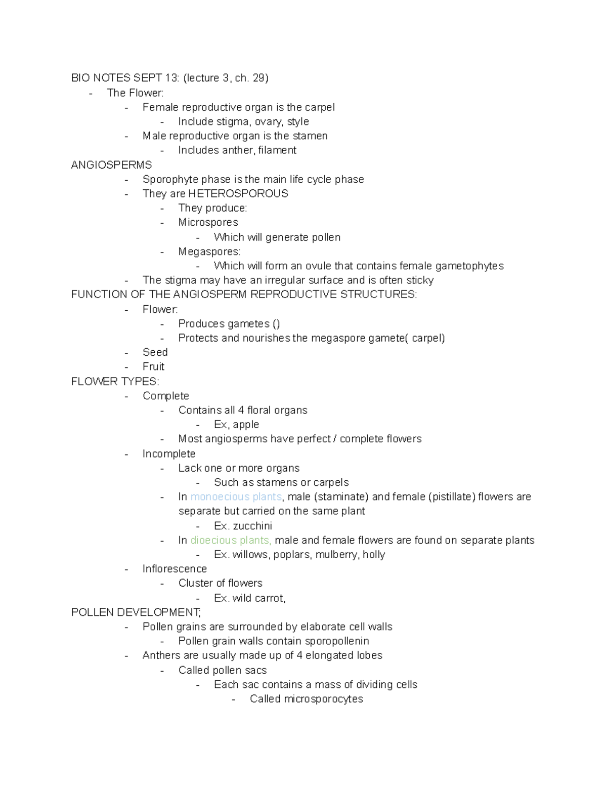 BIO Notes module 1 - BIO NOTES SEPT 13: (lecture 3, ch. 29) - The ...