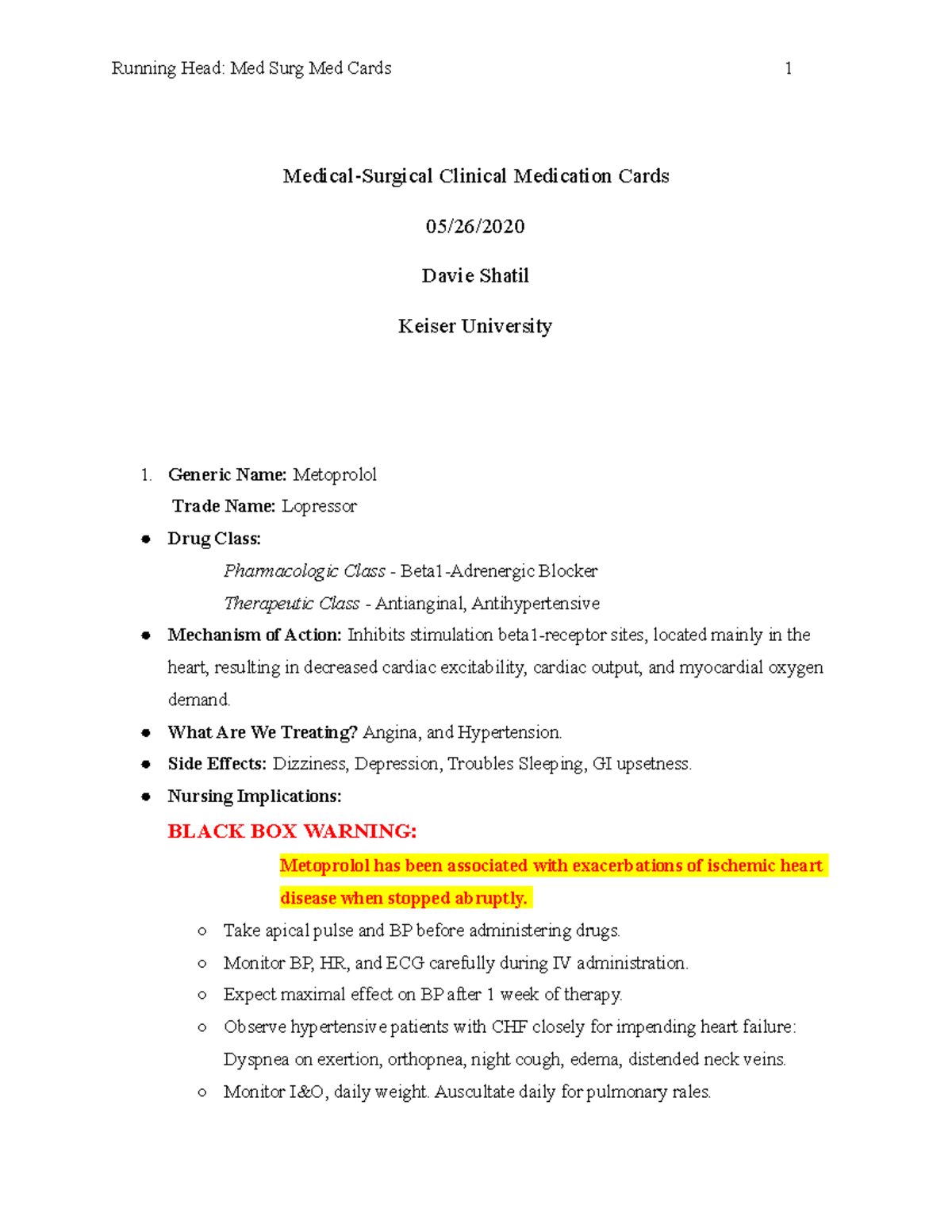 Week 2 Clinical Medical-Surgical Medication Cards - Medical-Surgical ...