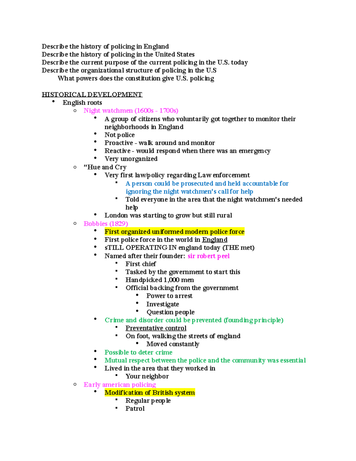 History and Purpose of Policing - Describe the history of policing in ...