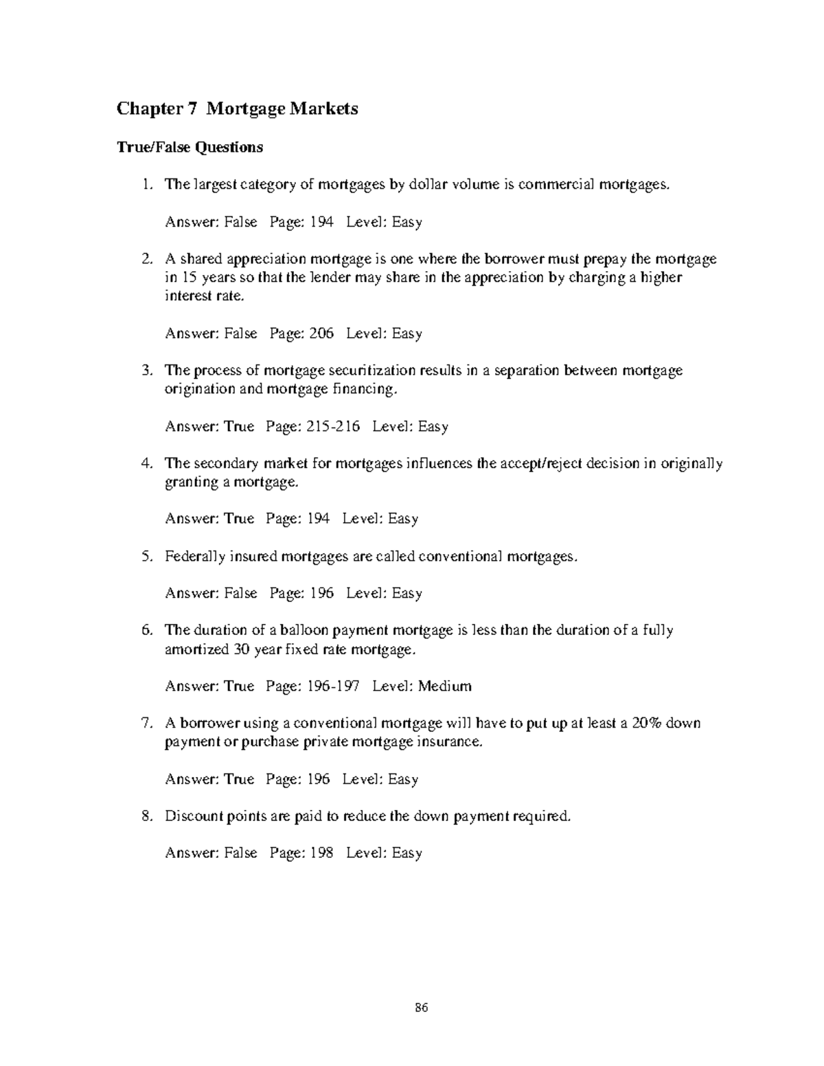 Chapter 7 - test bank - Chapter 7 Mortgage Markets True/False Questions ...