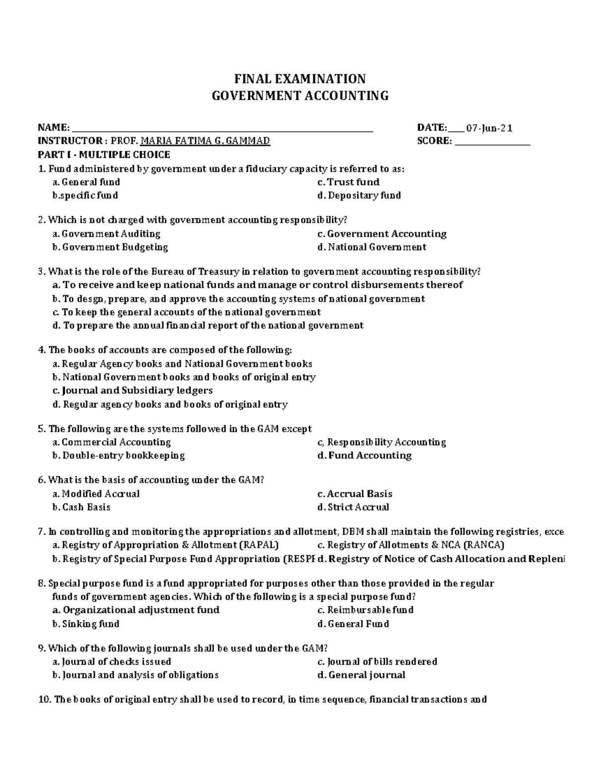 Final exam govt acctg - accounting - NAME: INSTRUCTOR : - Studocu