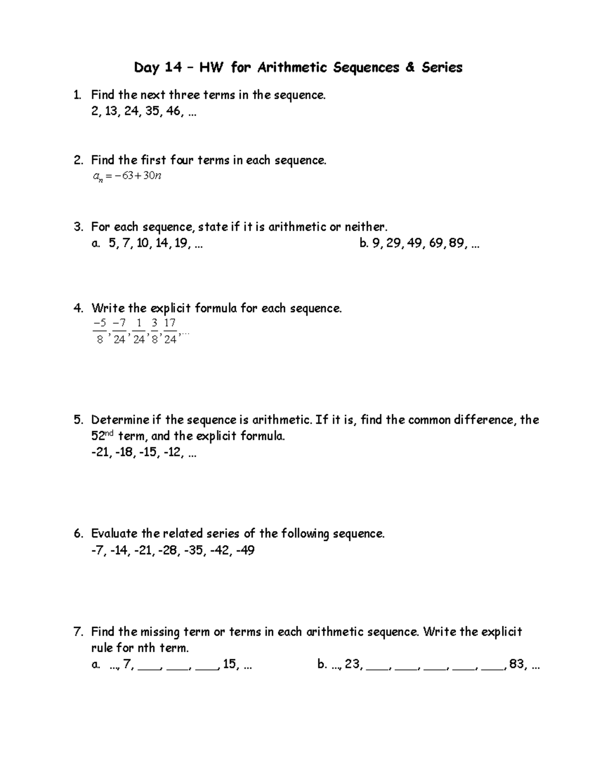 Day14+HW+Arithmetic+Seq - Day 14 – HW for Arithmetic Sequences & Series ...
