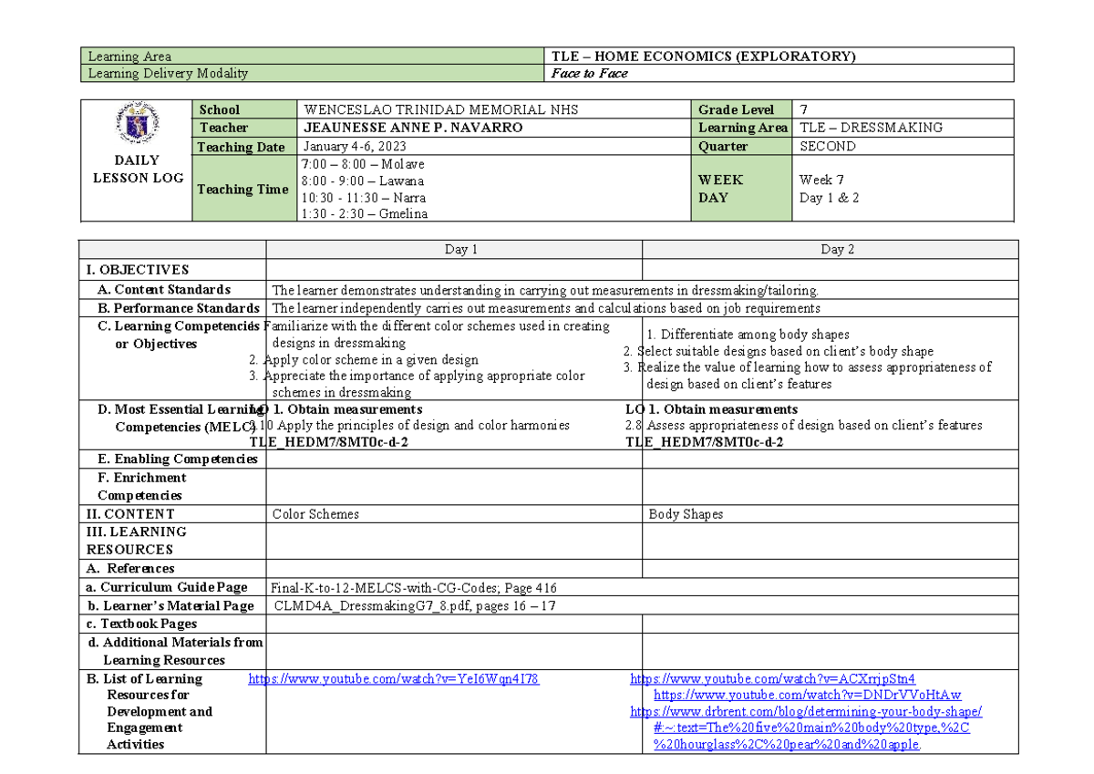 Week 7 - Day 1-2 - Plan for Week 7 - Learning Area TLE – HOME ECONOMICS ...
